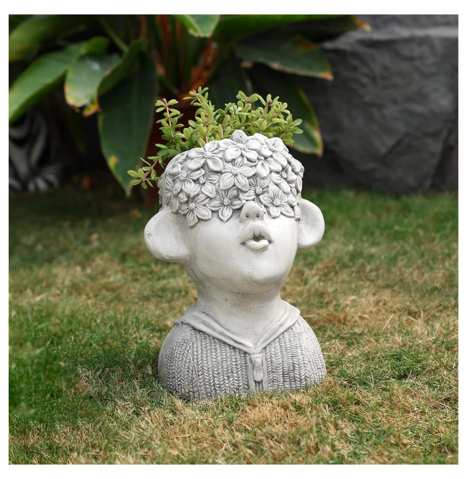 LuxenHome 14" Fiber Stone Outdoor Planter, Kissing Flower Child Bust ...