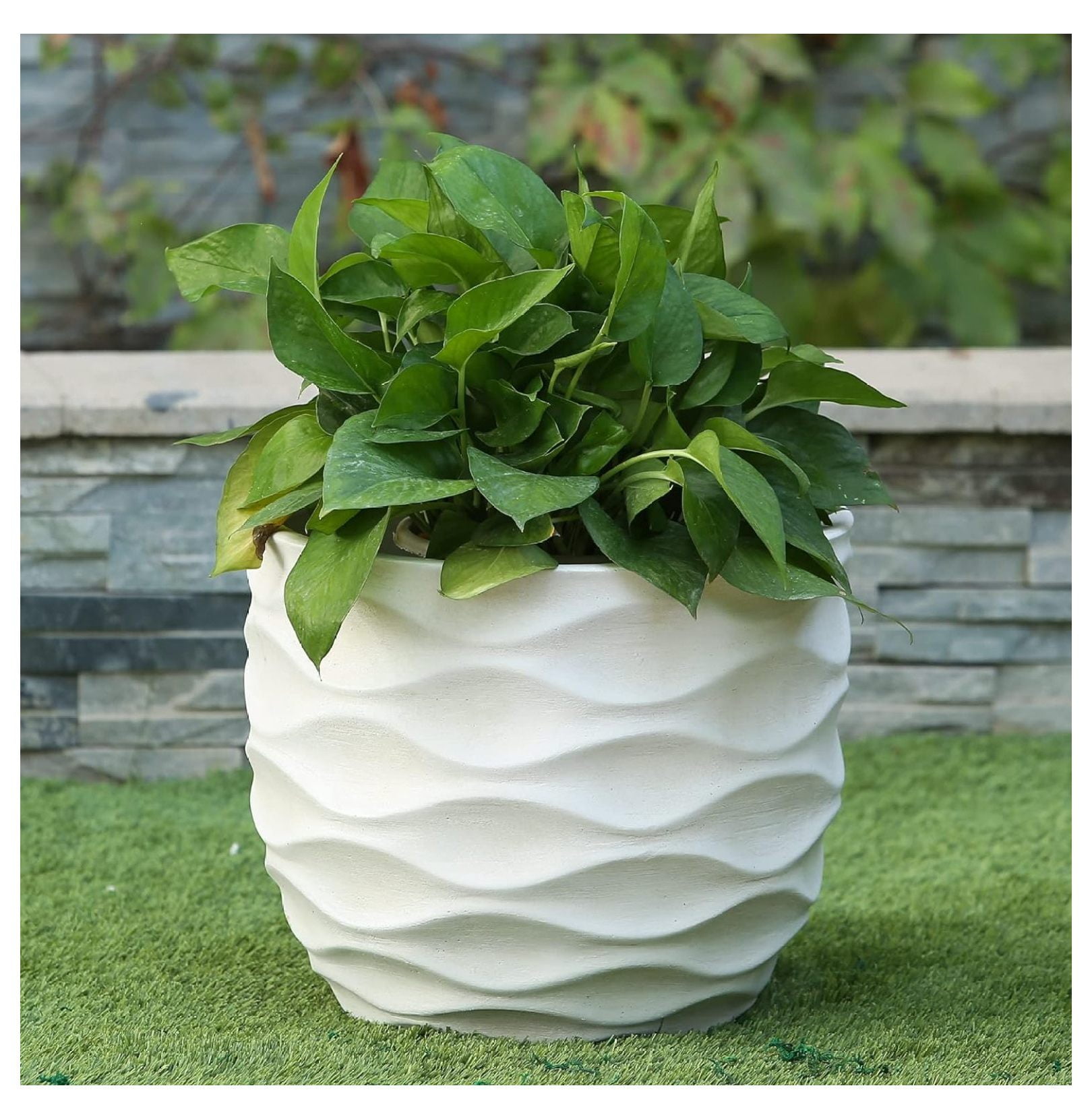 LuxenHome 15" White Fiber Stone Planter, Design Round Planter Pot ...