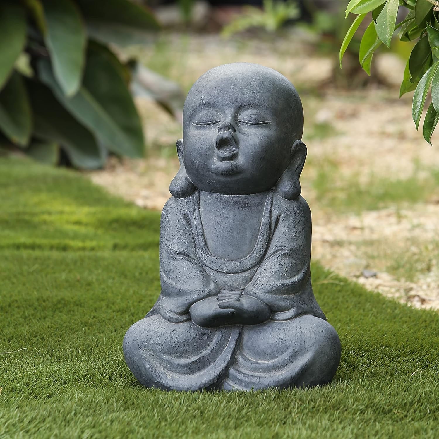 LuxenHome 16" Fiber Stone Outdoor Statue, Meditating Garden Sculpture ...