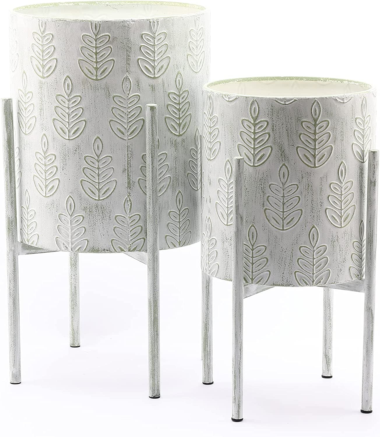 LuxenHome 2-Piece White Metal Leaf Embossed Cachepot Planters with ...