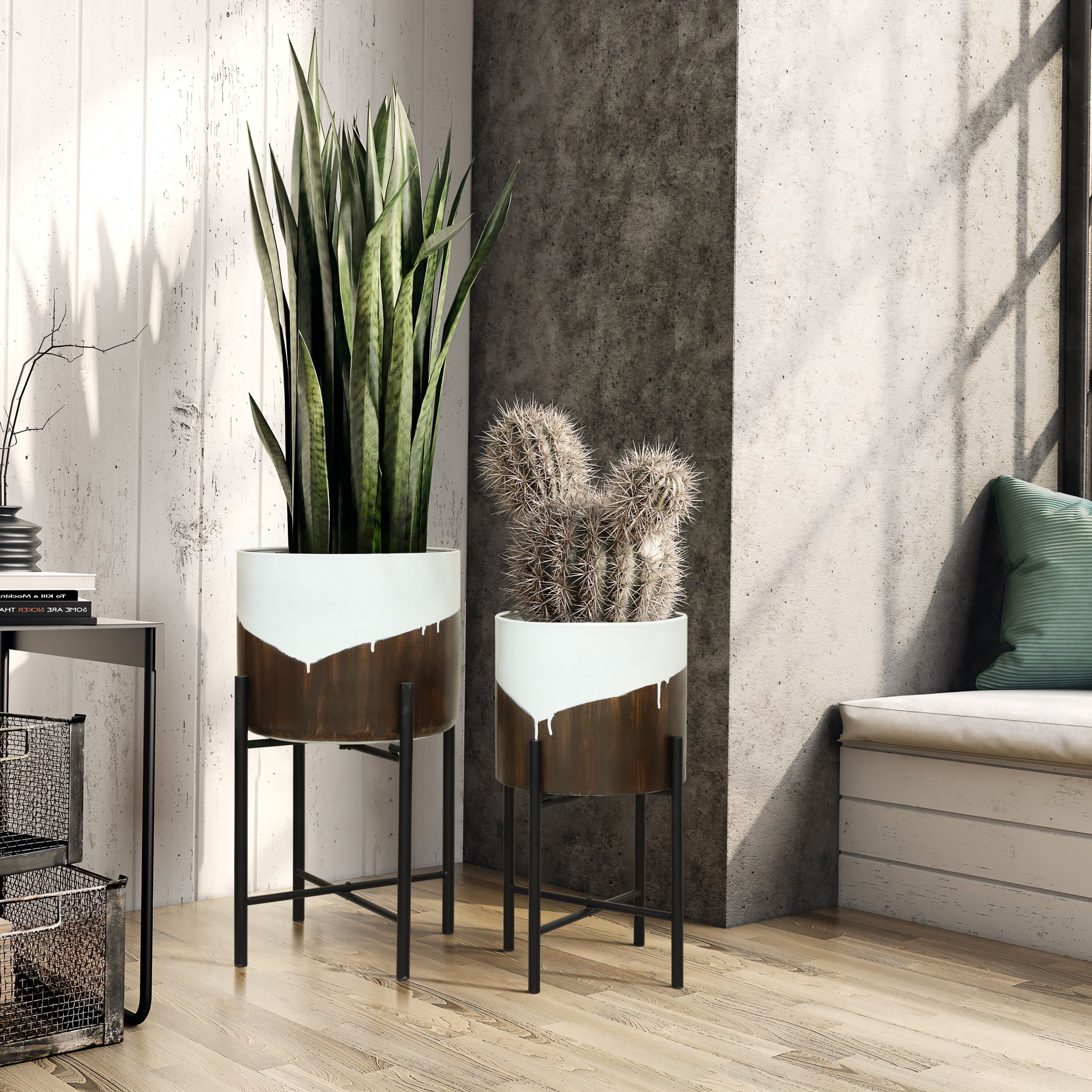 LuxenHome 2-Piece White and Brown Metal Cachepot Planters Set with ...