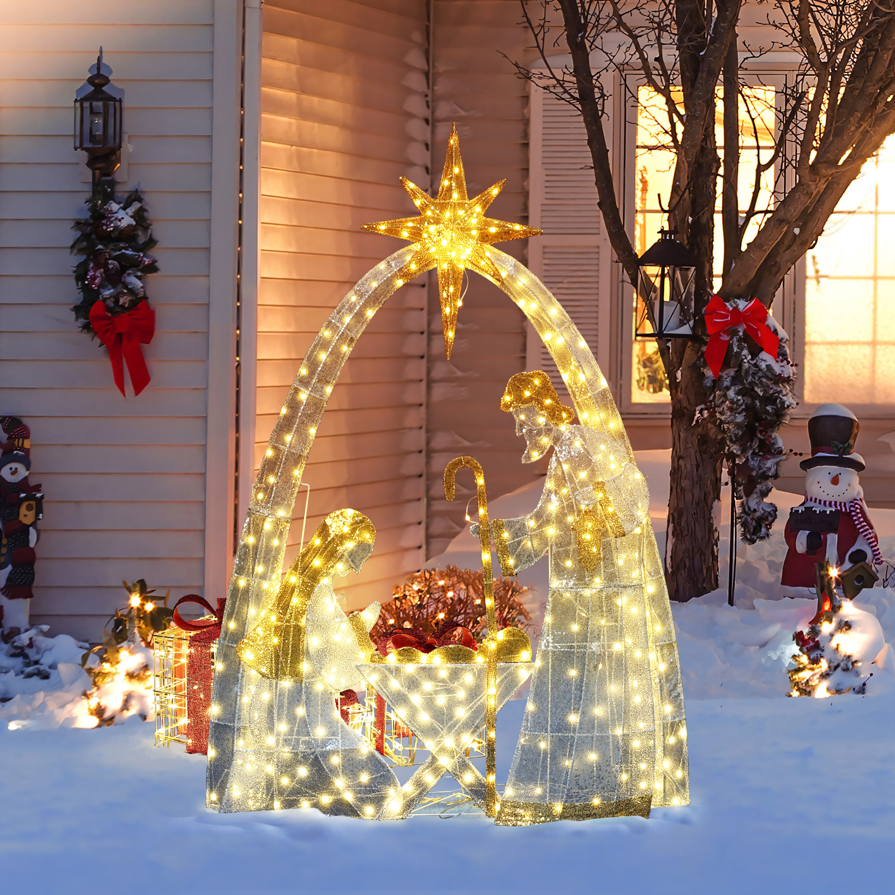 LuxenHome 3.6Ft x 5Ft White Nativity Scene Outdoor Holiday Decoration ...