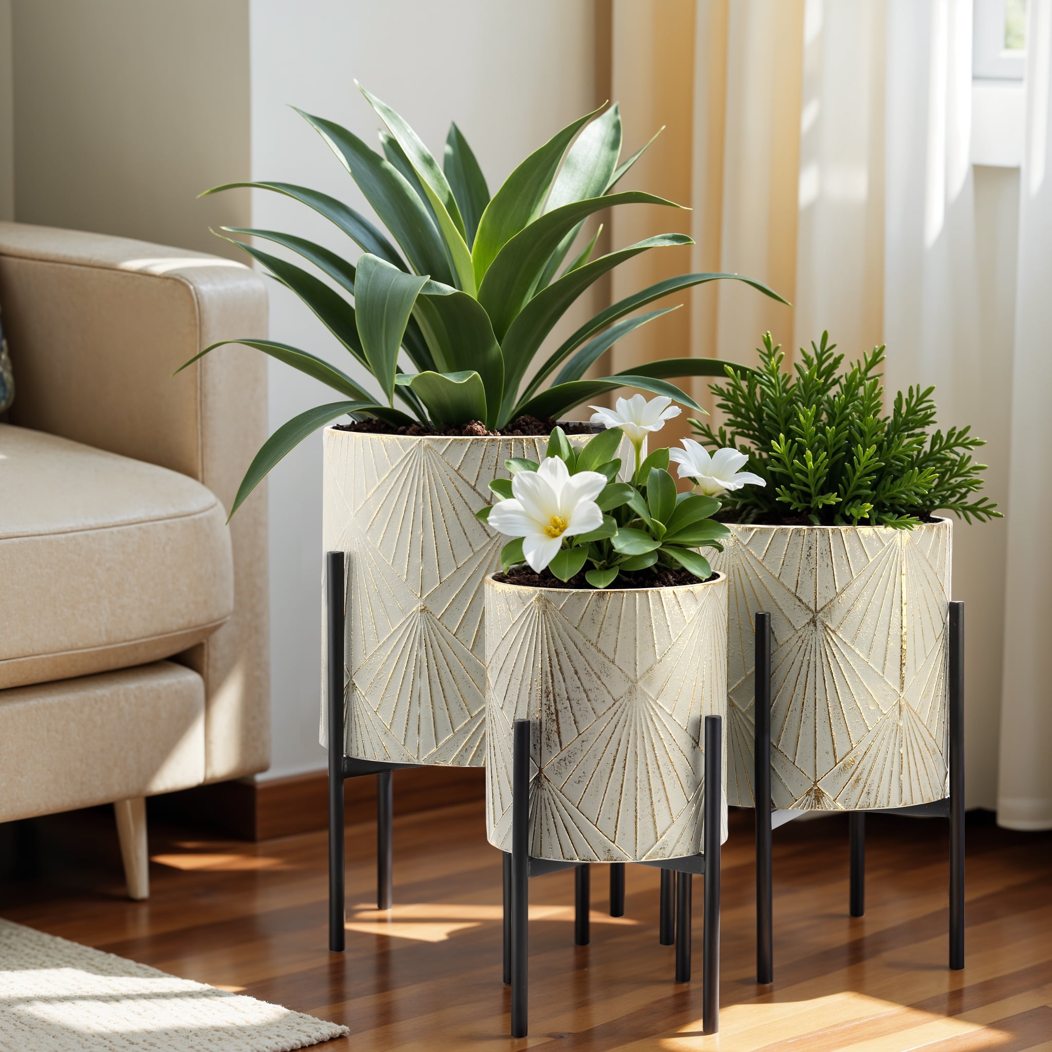 LuxenHome Set of 3 Gray and Gold Metal Cachepot Planters with Black ...