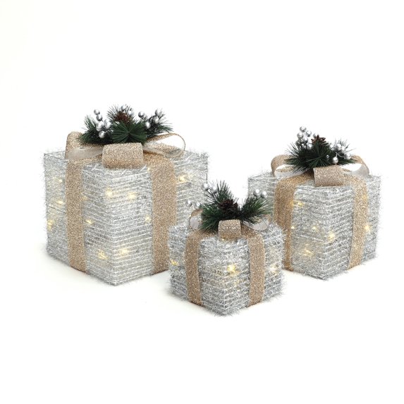 LuxenHome 3-Pc Lighted Silver Tinsel Gift Box Set with Champagne Ribbon ...
