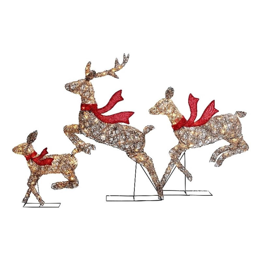 LuxenHome 3-Piece Natural and Plastic Rattan Running Reindeer Holiday Decoration Set with Lights ...