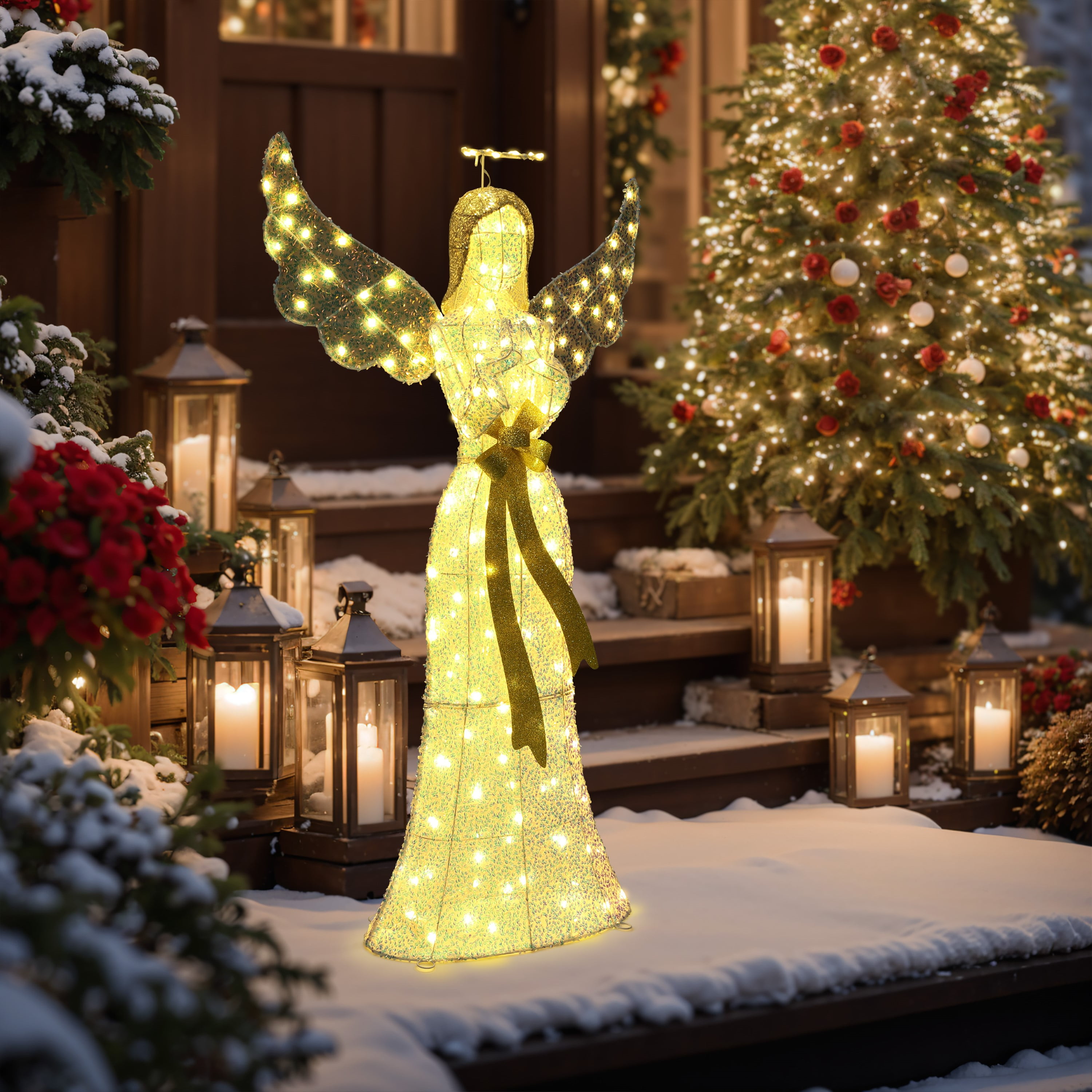 LuxenHome 4.1Ft Angel with Gold Bow Outdoor Holiday Decoration with ...