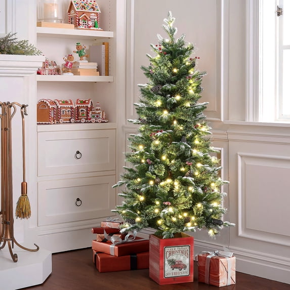 LuxenHome 5Ft Pre-Lit Potted Artificial Christmas Tree with Holly ...