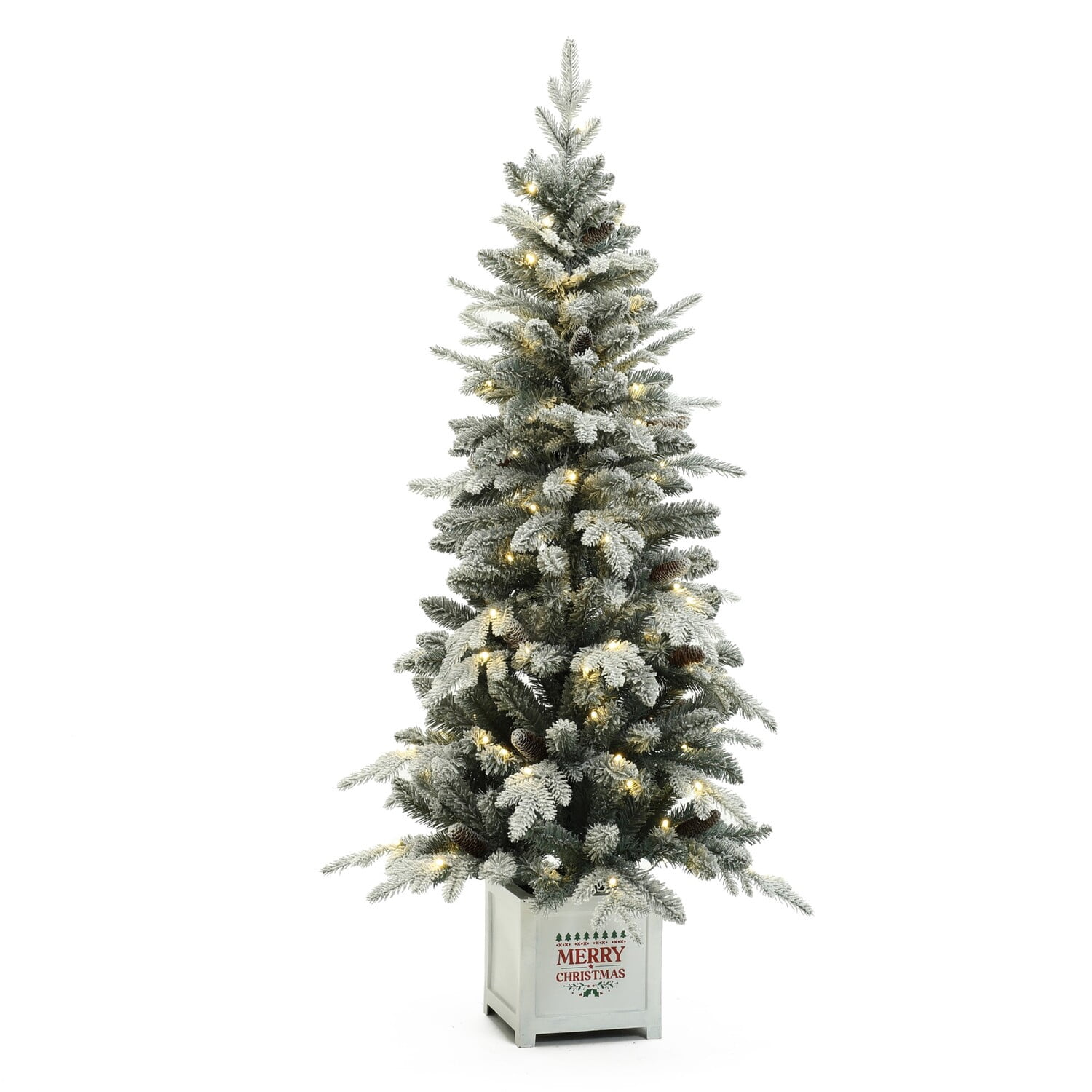 LuxenHome 5Ft Pre-Lit Snow Flocked Full Pine Potted Artificial ...