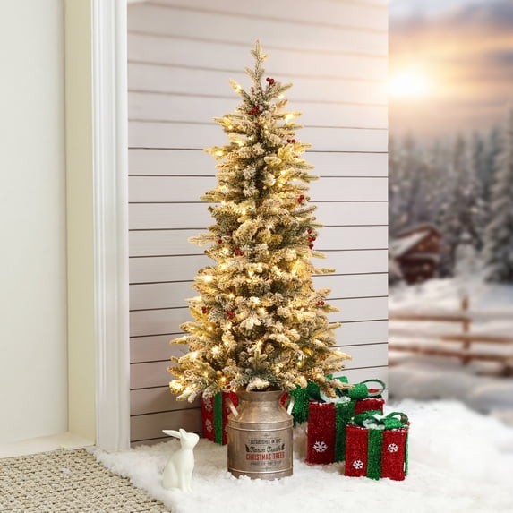LuxenHome 5ft Tall Pre-Lit LED Artificial Flocked Slim Fir Christmas ...