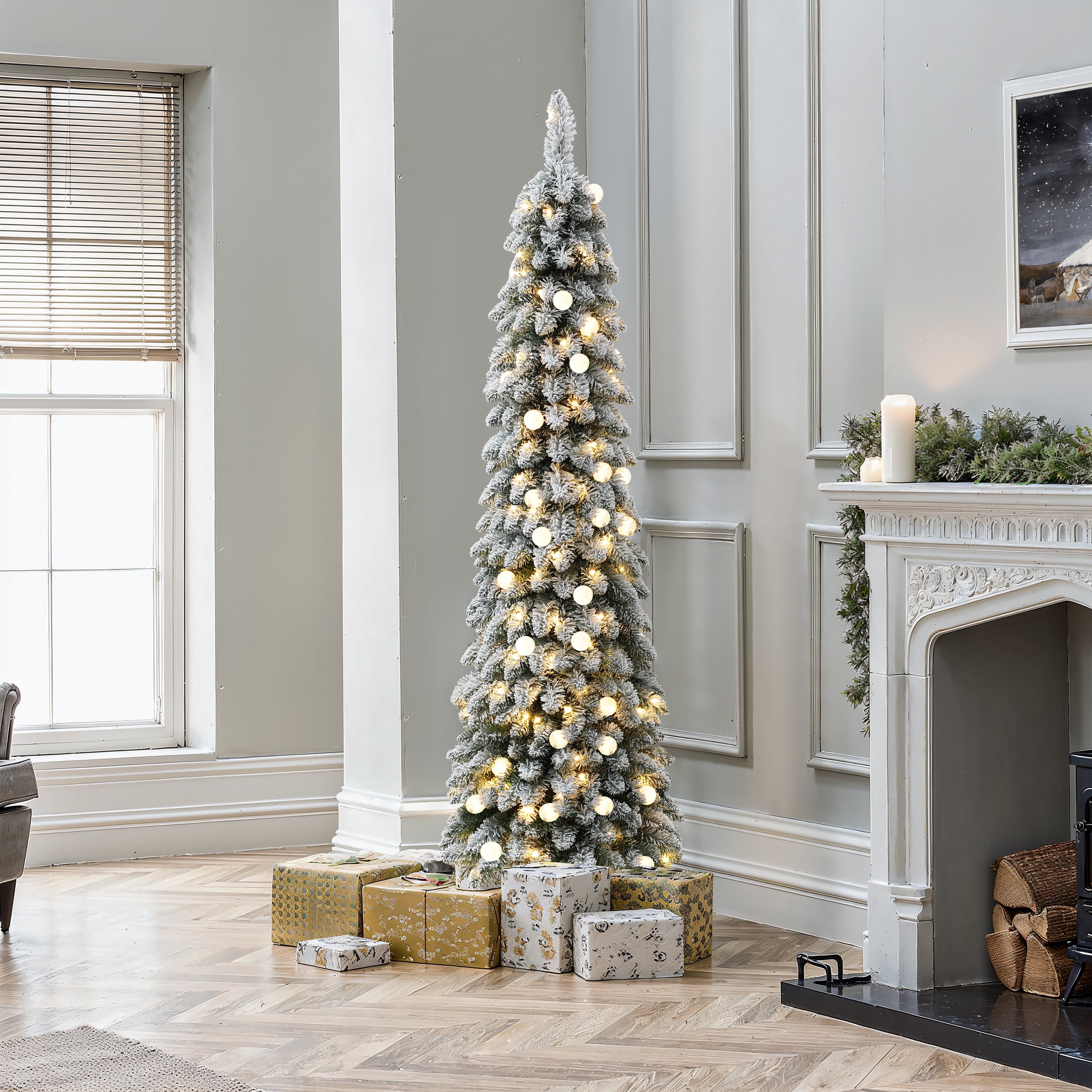 LuxenHome 6Ft Pre-Lit Flocked Pencil Artificial Christmas Tree with ...