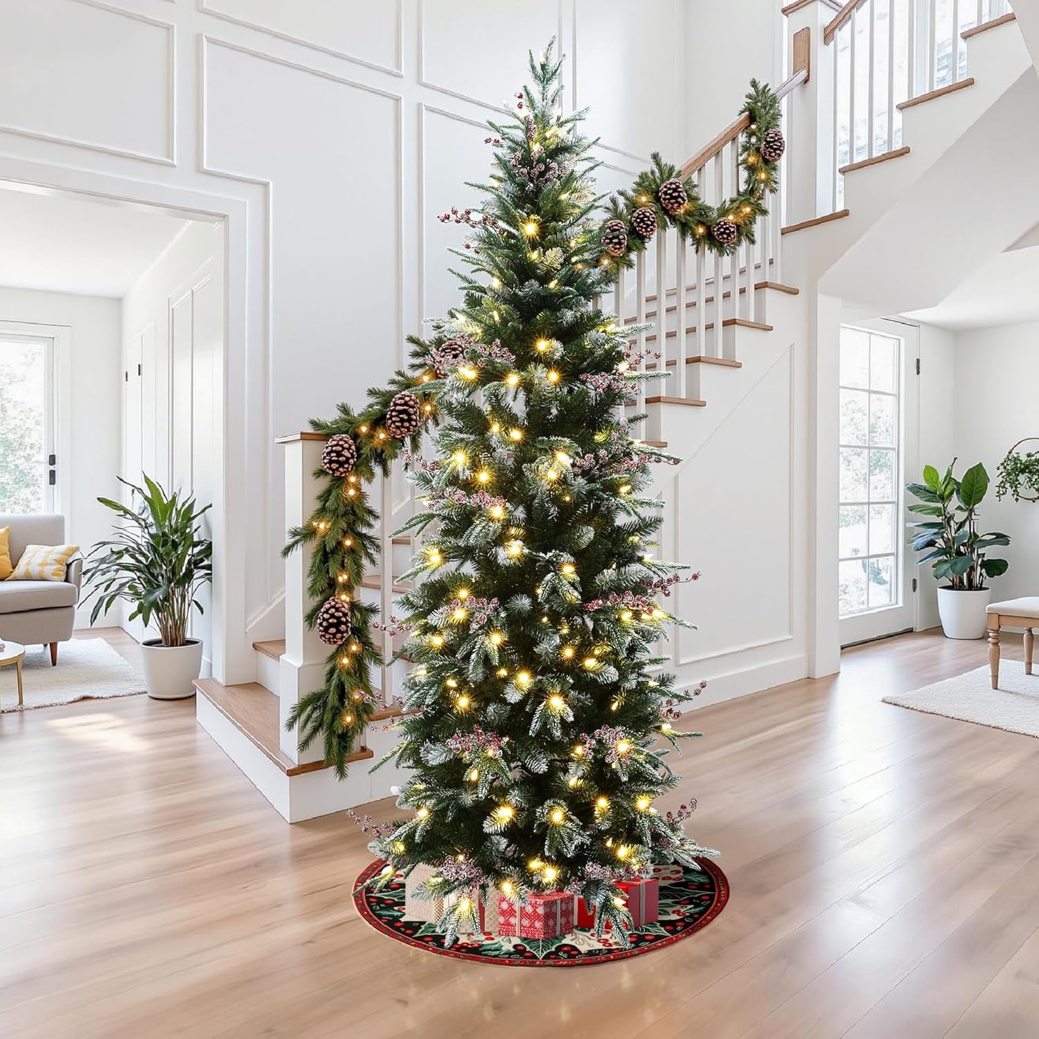 LuxenHome 7.5FT Slim Christmas Tree, Prelit Skinny Artificial Christmas ...