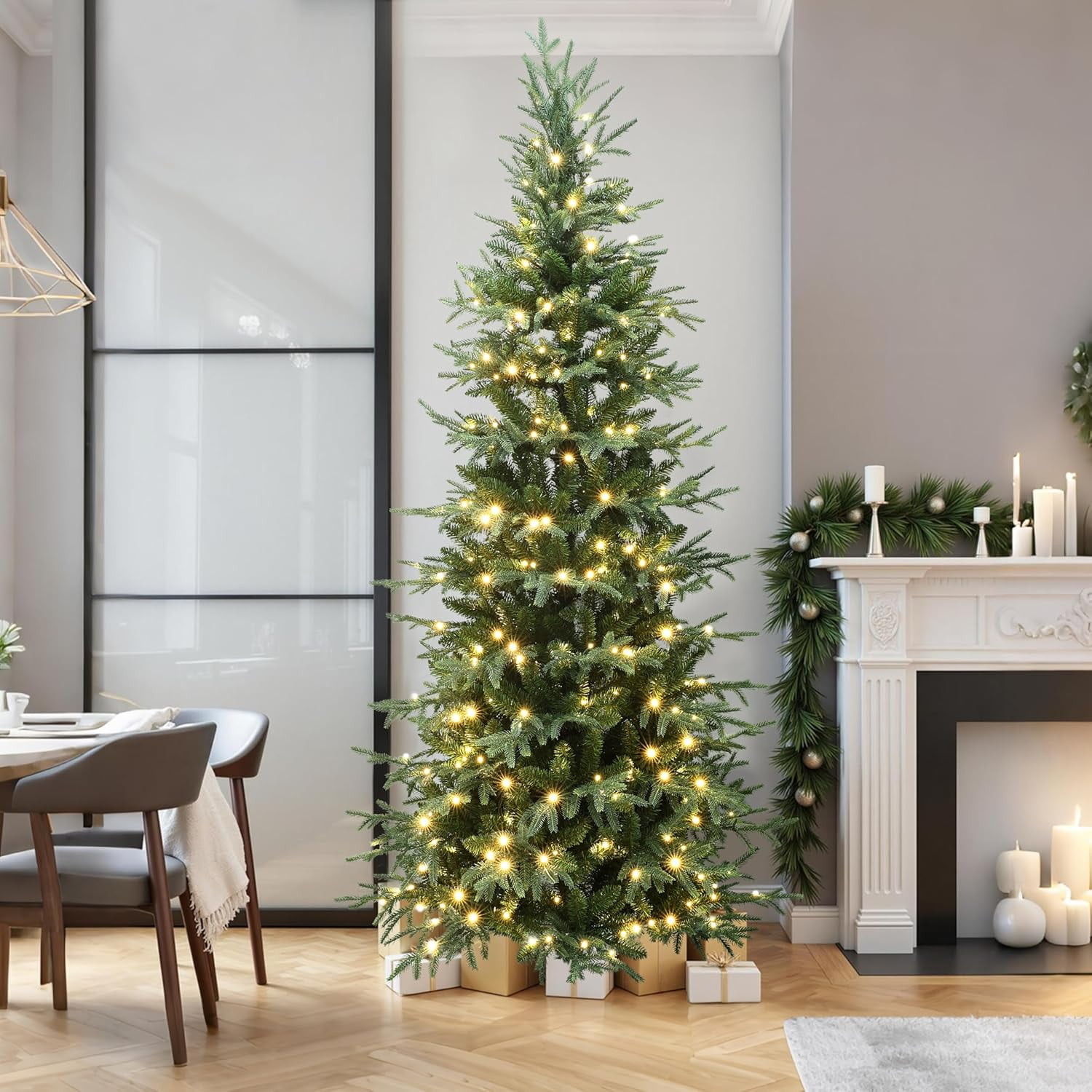 LuxenHome 7.5FT Slim Christmas Tree, Prelit Skinny Artificial Christmas ...