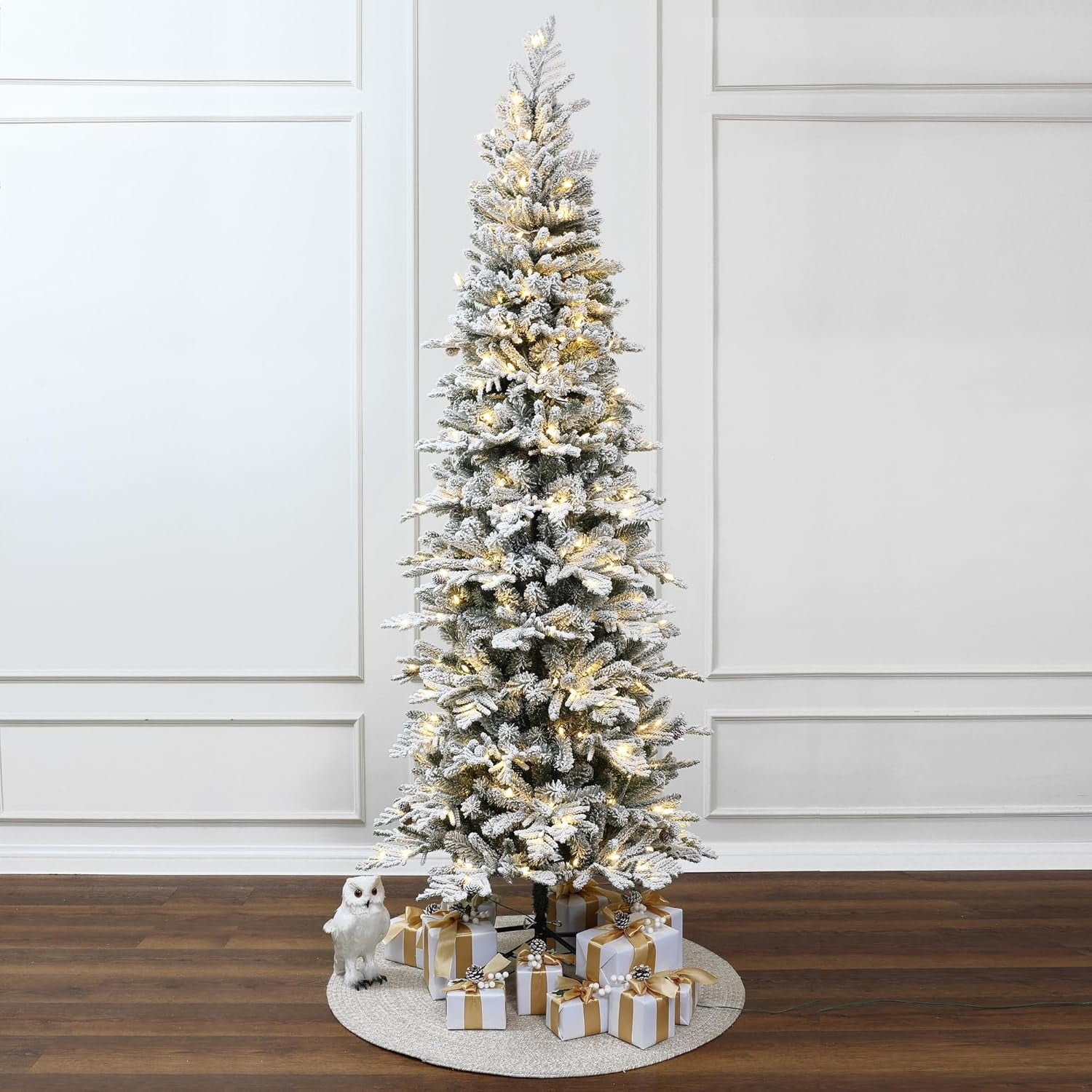 LuxenHome 7FT Flocked Christmas Tree, Unlit Downswept Slim Pencil ...