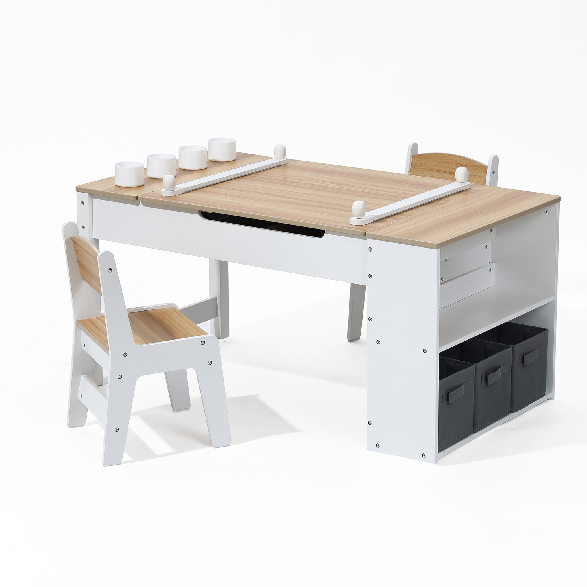 LuxenHome Activity Children Table with Storage Bookcase and 2 Chairs ...