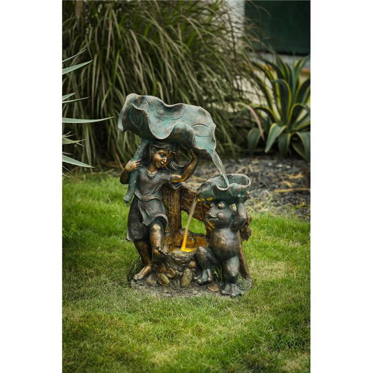 LuxenHome Bronze Resin Child and Frog Lily Outdoor Fountain with LED ...
