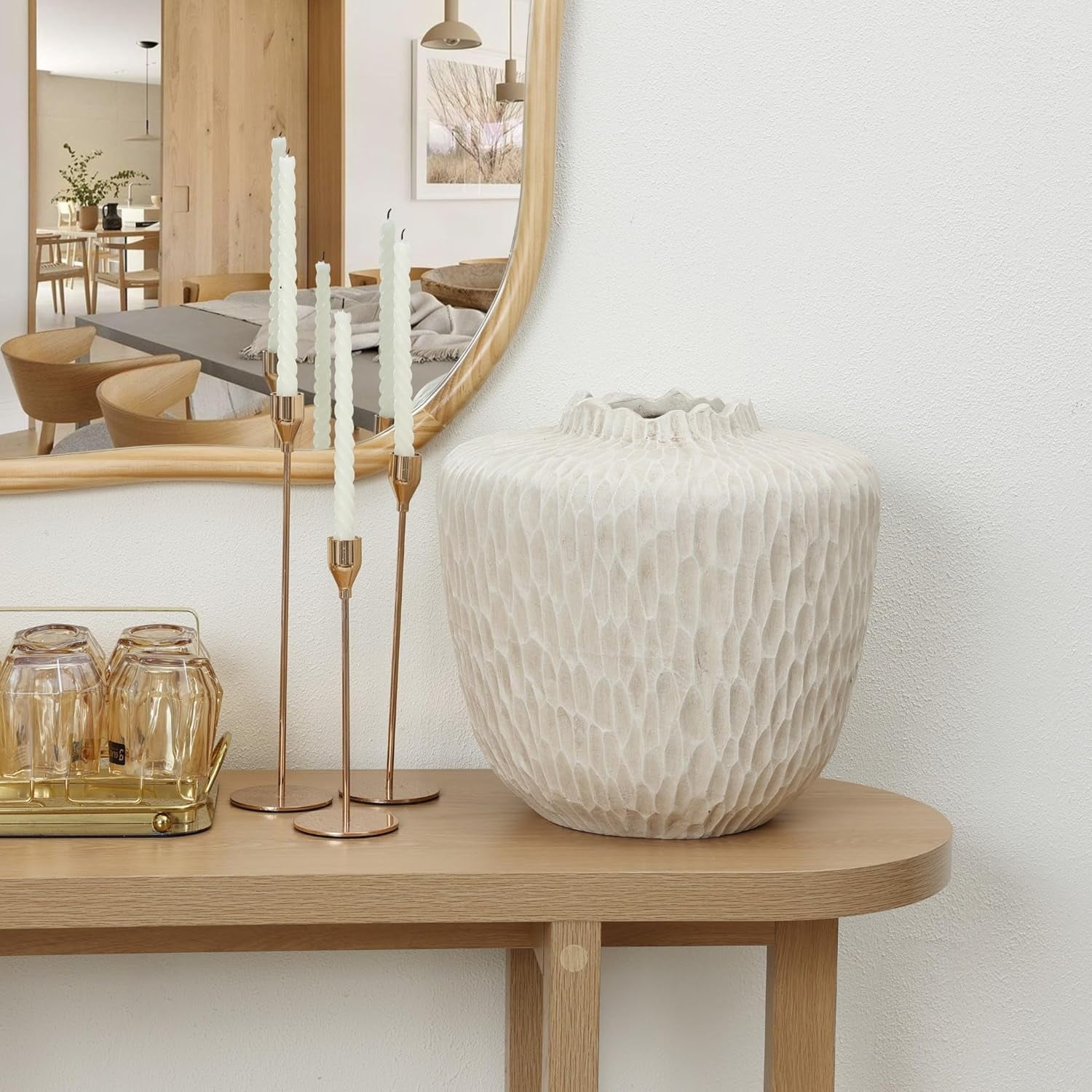 LuxenHome Ceramic Flower Vase, 12'' Tall Beige Beehive Round Pottery, Modern Rustic Vase for ...