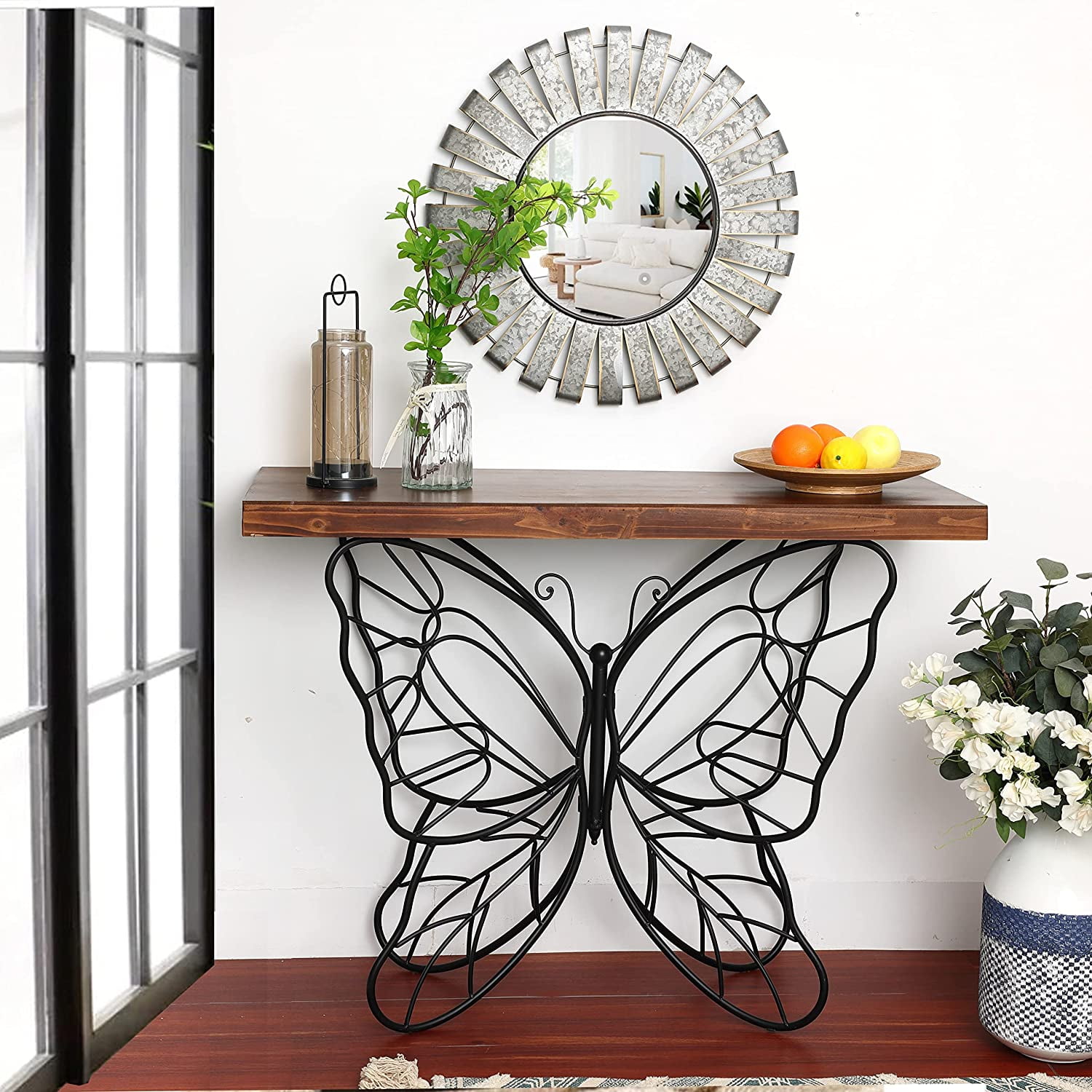 LuxenHome Console Table, 31'' Wood Top Metal Butterfly Accent Console and Entryway Table, Narrow ...