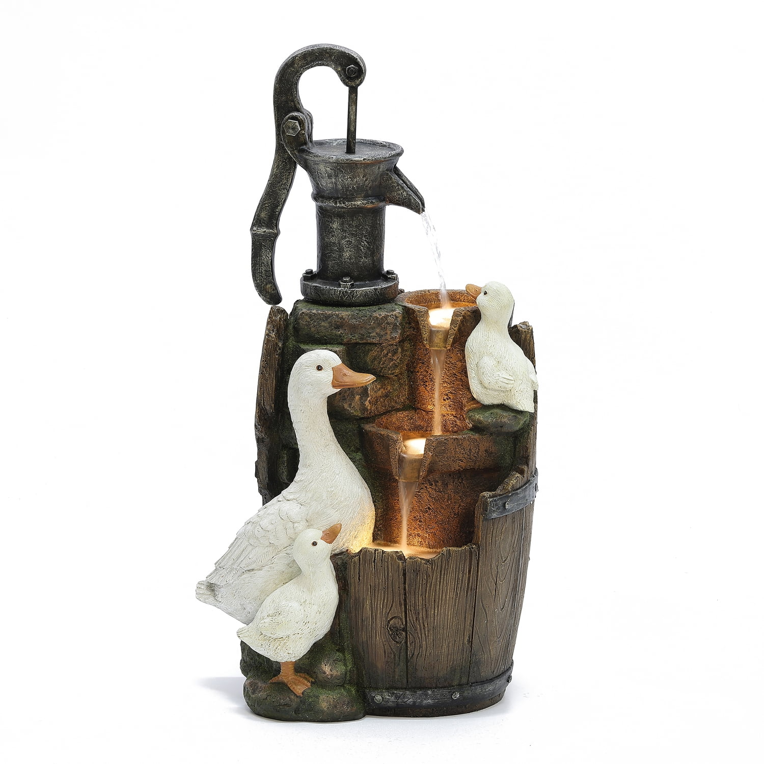 LuxenHome Rustic Farmhouse Water Decorative Pump and Duck Family Resin ...