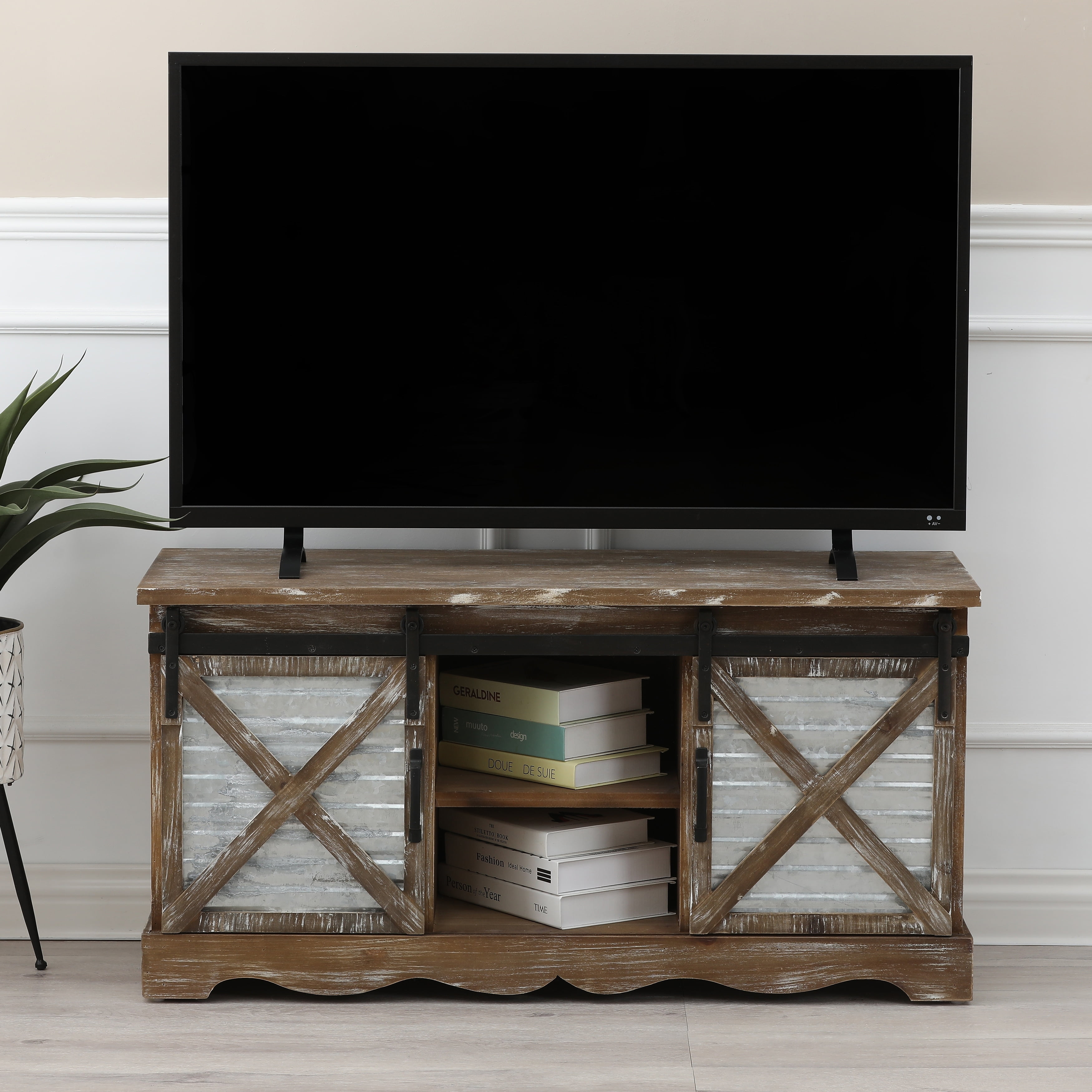 LuxenHome Farmhouse Sliding Doors Wood Storage TV Stand Bench - Walmart.com