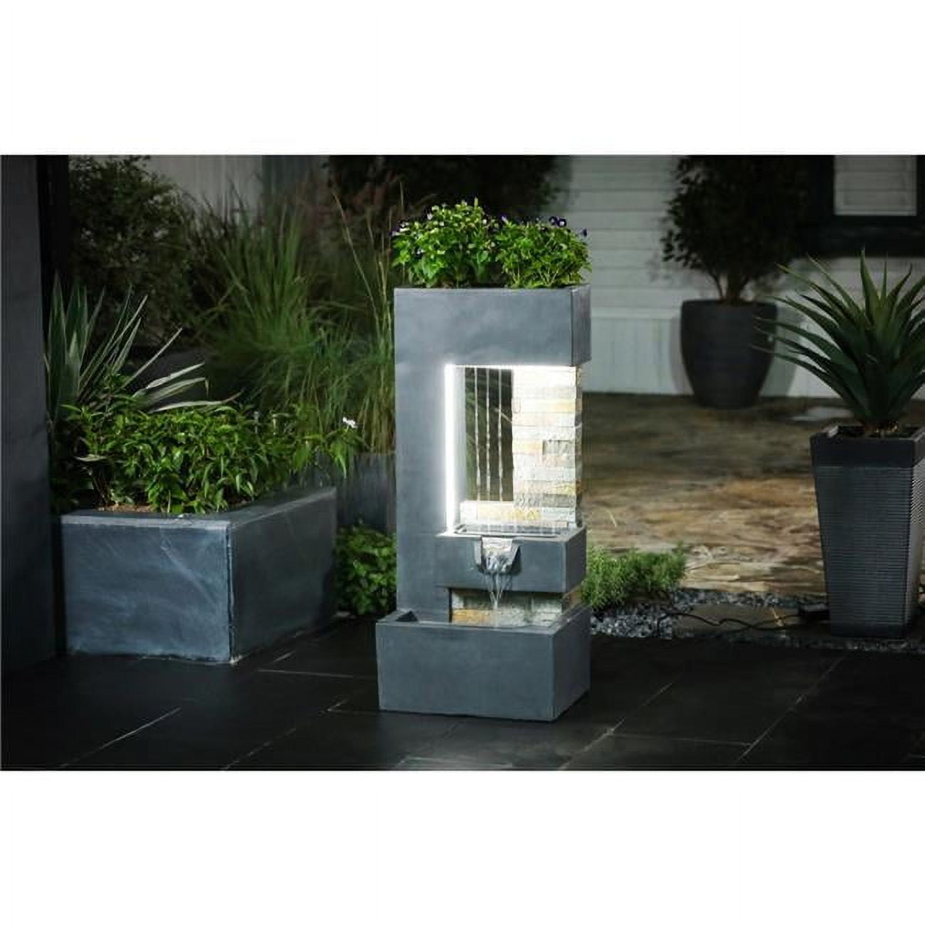 LuxenHome Gray and Brick Cement Modern Tiered Column Outdoor Fountain ...
