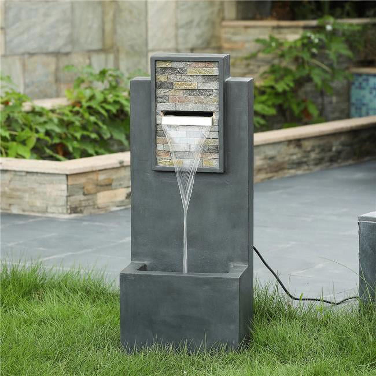 LuxenHome Grey and Brick Resin Rectangular Waterfall Outdoor Fountain ...