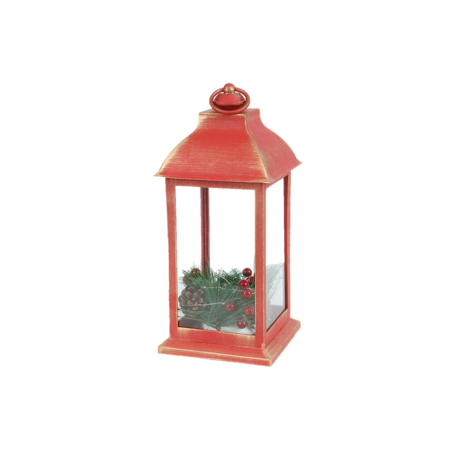 LuxenHome Lighted Holiday Berry and Pine Cone Rustic Red Lantern ...