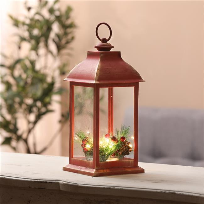 LuxenHome Lighted Holiday Berry and Pine Cone Rustic Red Lantern ...