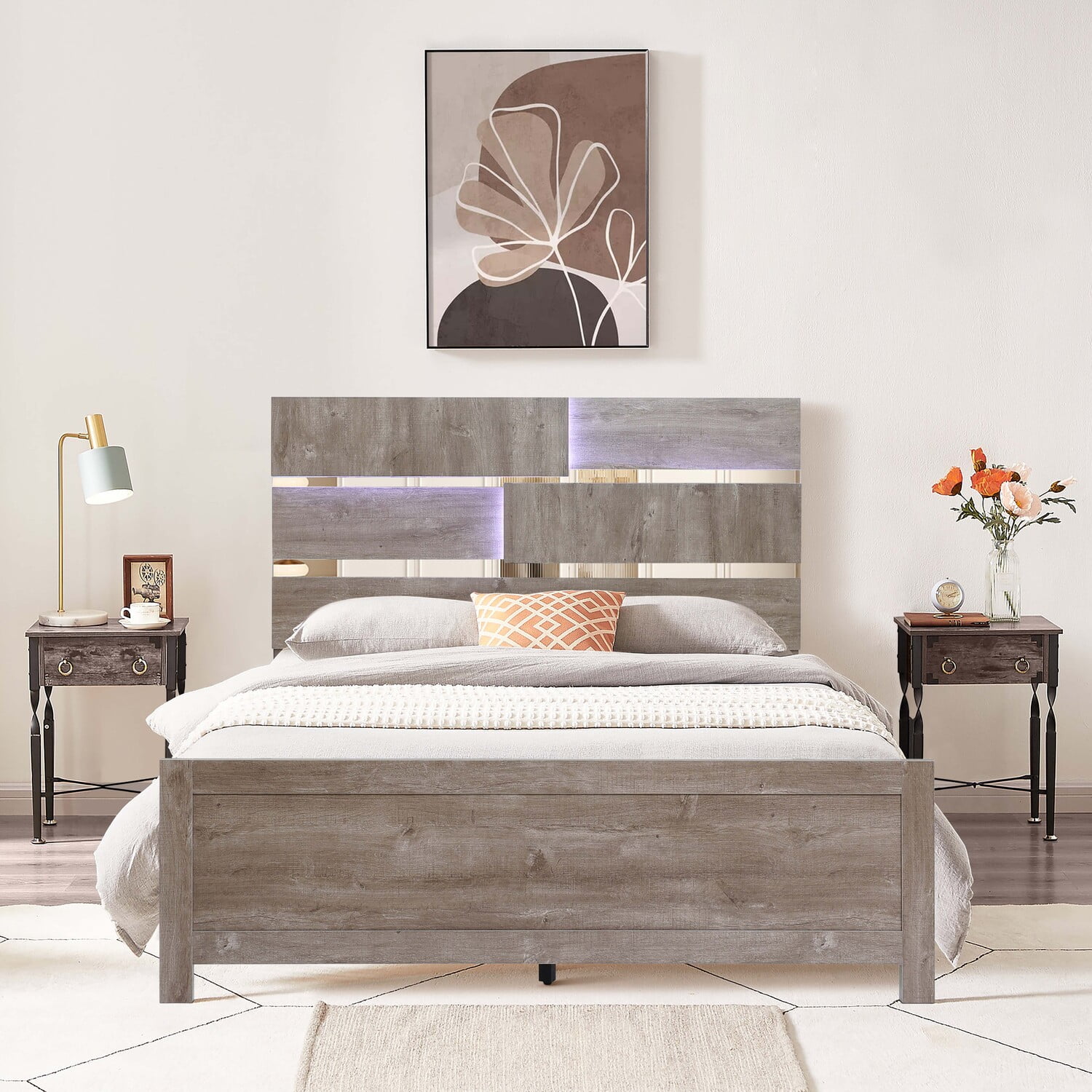 LuxenHome Modern Farmhouse Panel Queen Platform Bed Headboard and ...