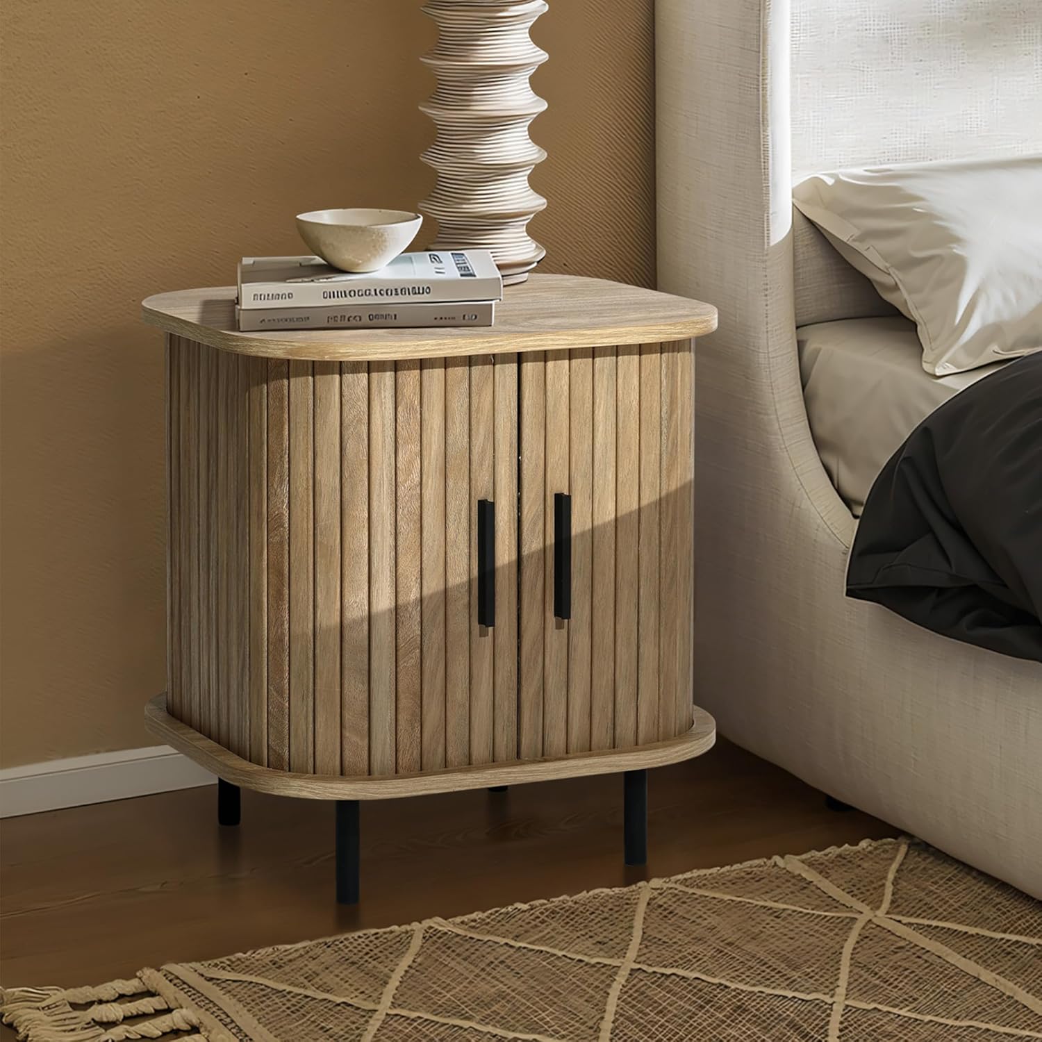 LuxenHome Modern Nightstand with Storage, Oak Fluted Nightstand with ...