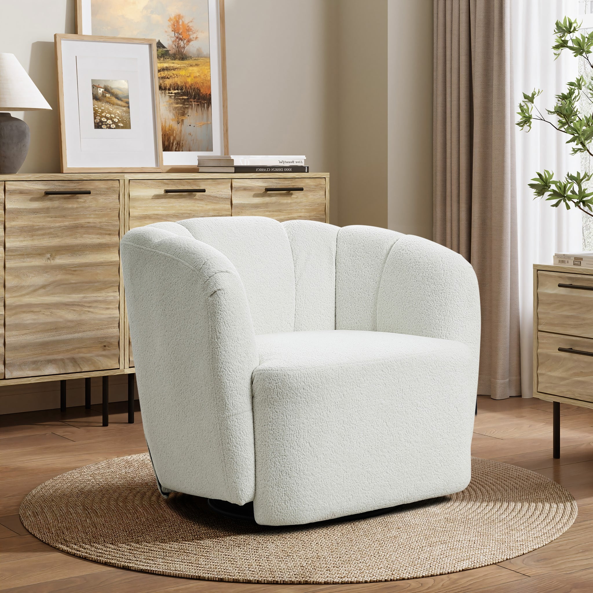 LuxenHome Modern Upholstered Ivory Boucle Swivel Barrel Accent Chair ...