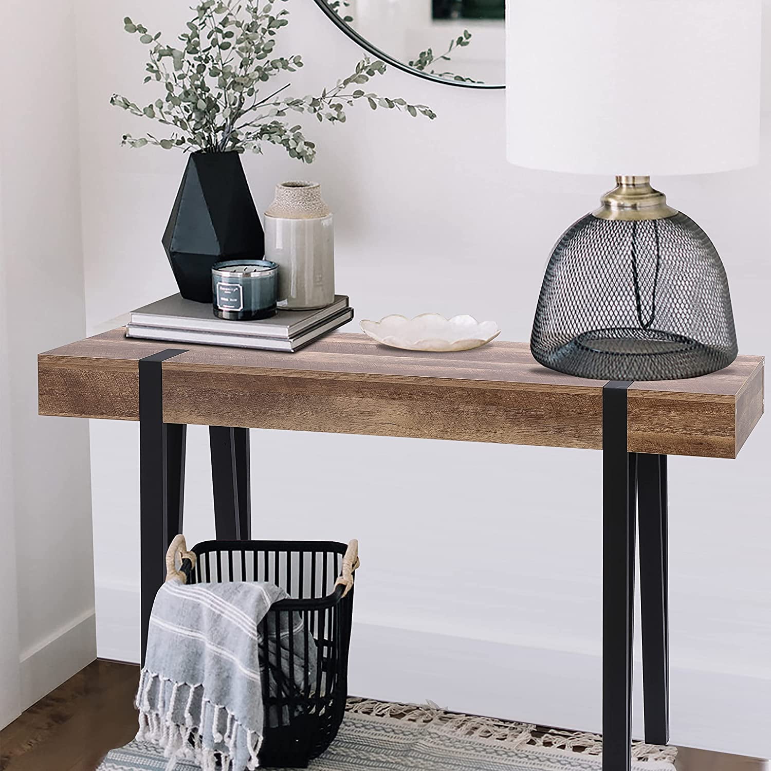 LuxenHome Modern Wood Console Table, 47" Oak Finish Sofabale with Black ...