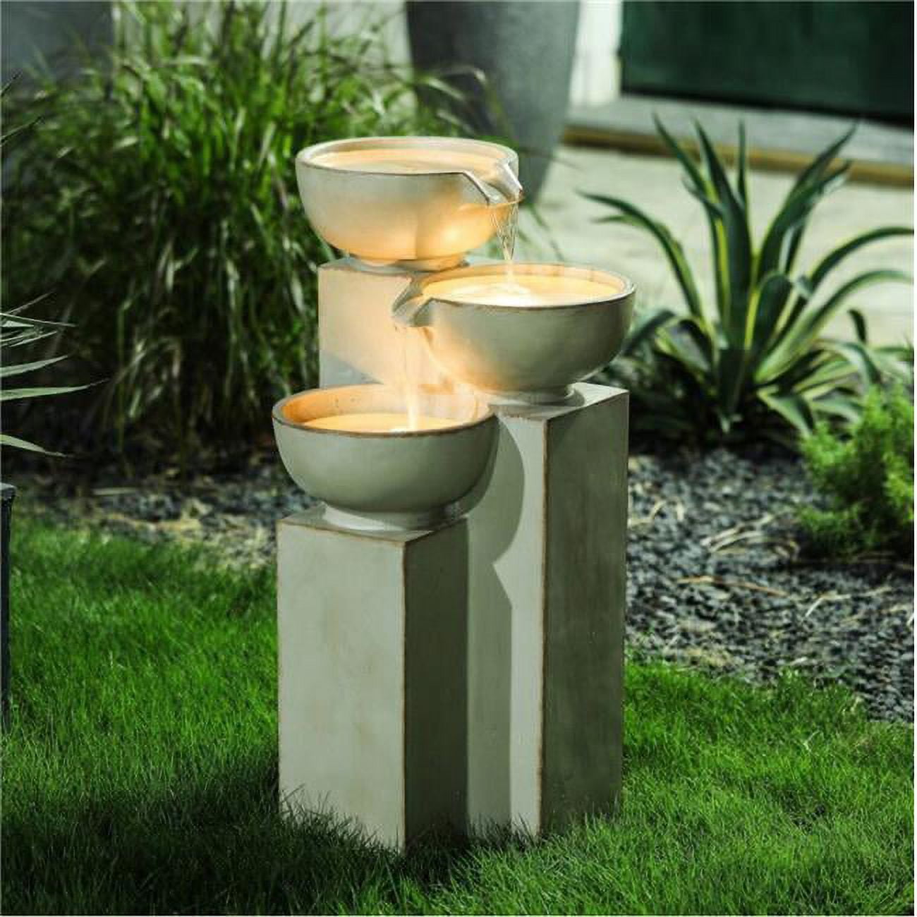LuxenHome Off White Resin 3-Tier Tri-Column Outdoor Fountain with LED ...