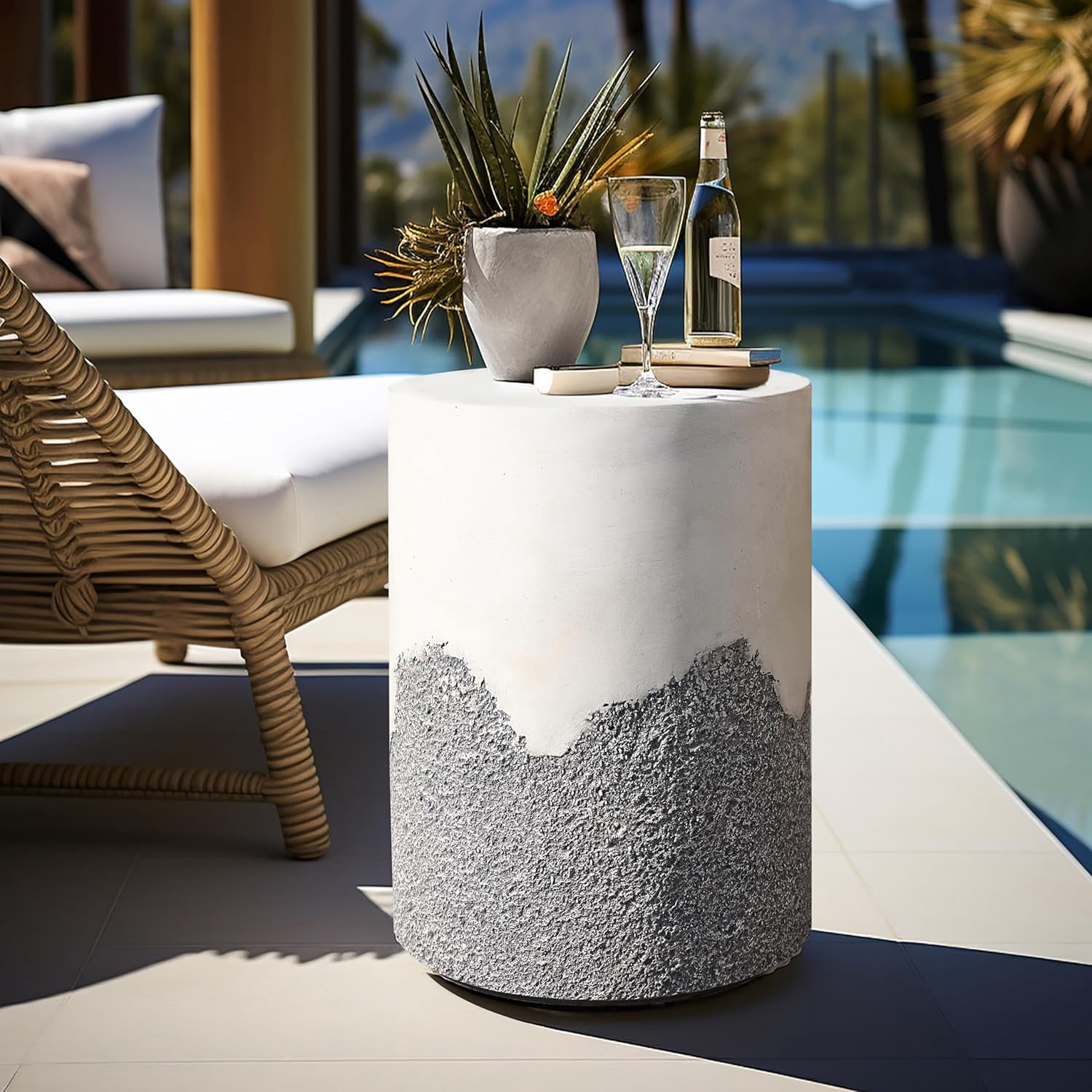 LuxenHome Outdoor Side Table, 18 inch Mod White Cement Round with U ...