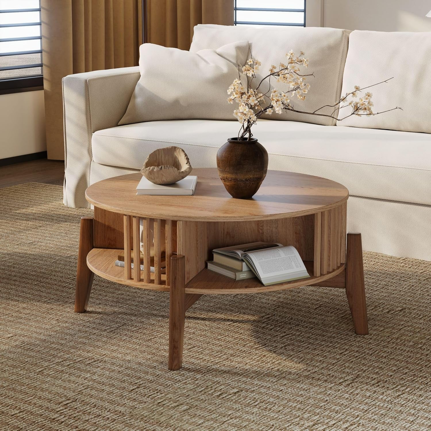 LuxenHome Round Coffee Table with Storage, 31.5" Oak Finish Wood Accent ...