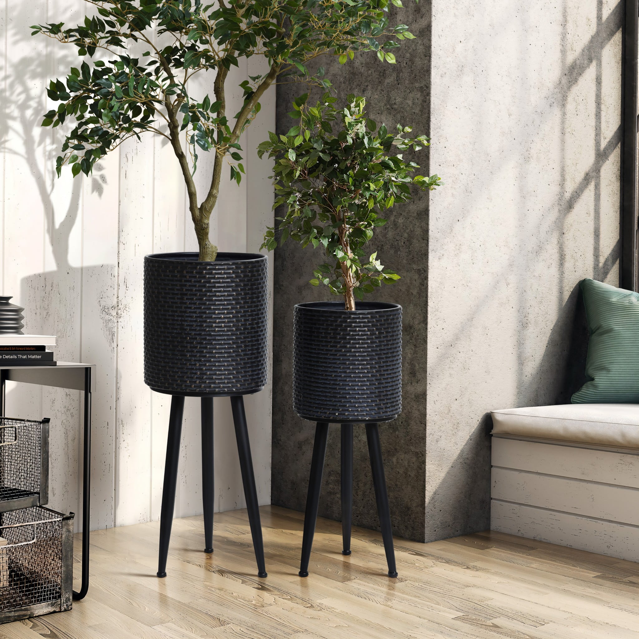 LuxenHome Set of 2 Black Dimpled Metal Cachepot Planters with Black ...