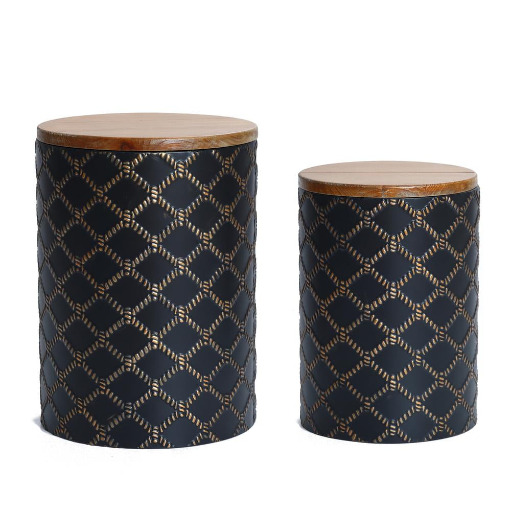 LuxenHome Set of 2 Black Round Metal Side and End Tables with Enclosed ...
