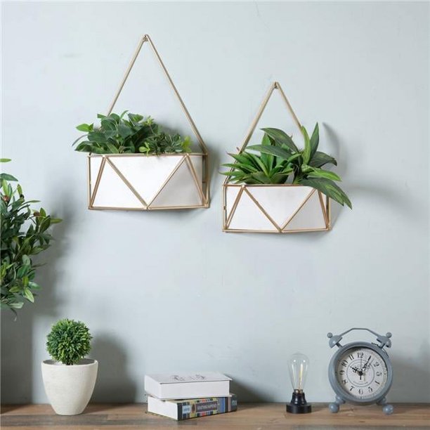 LuxenHome Set of 2 White and Gold Succulent Metal Cachepot Wall ...