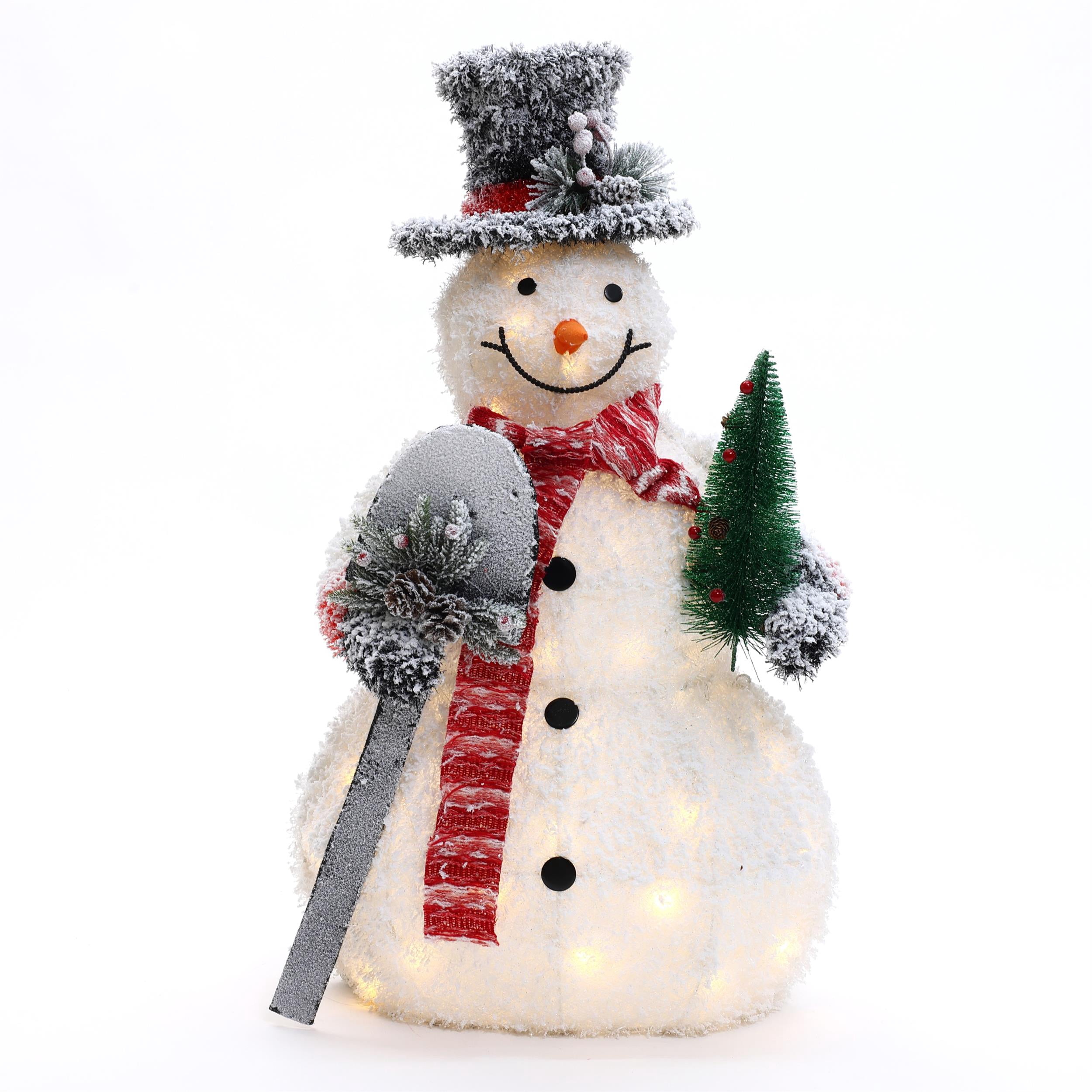 LuxenHome White Frosted Snowman Holding Shovel and Christmas Tree ...