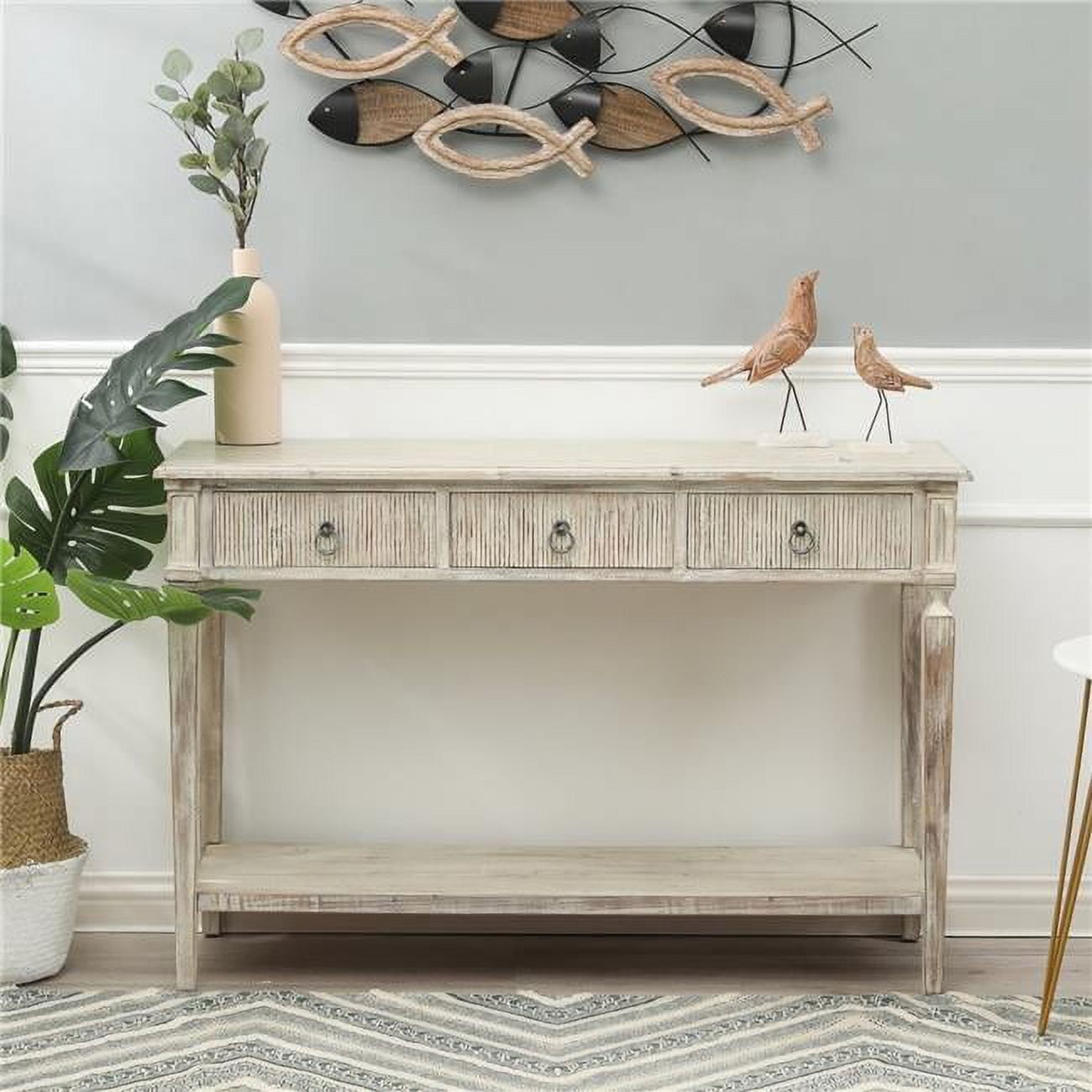 LuxenHome Buffet Entryway Storage Table - White Washed Wood Three ...