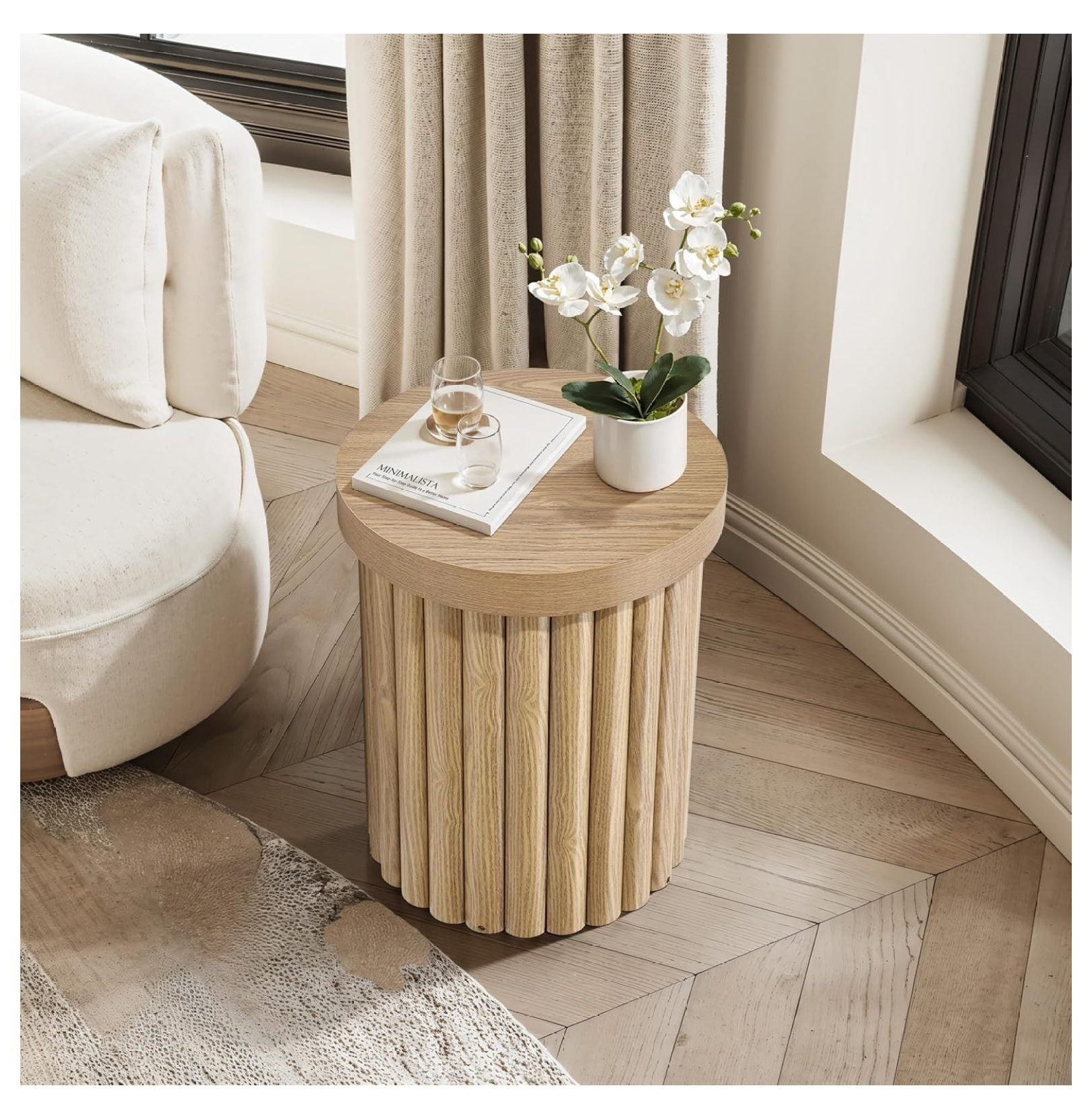 LuxenHome Wood Round Side Table, 19" Fluted End Table for Small Spaces ...