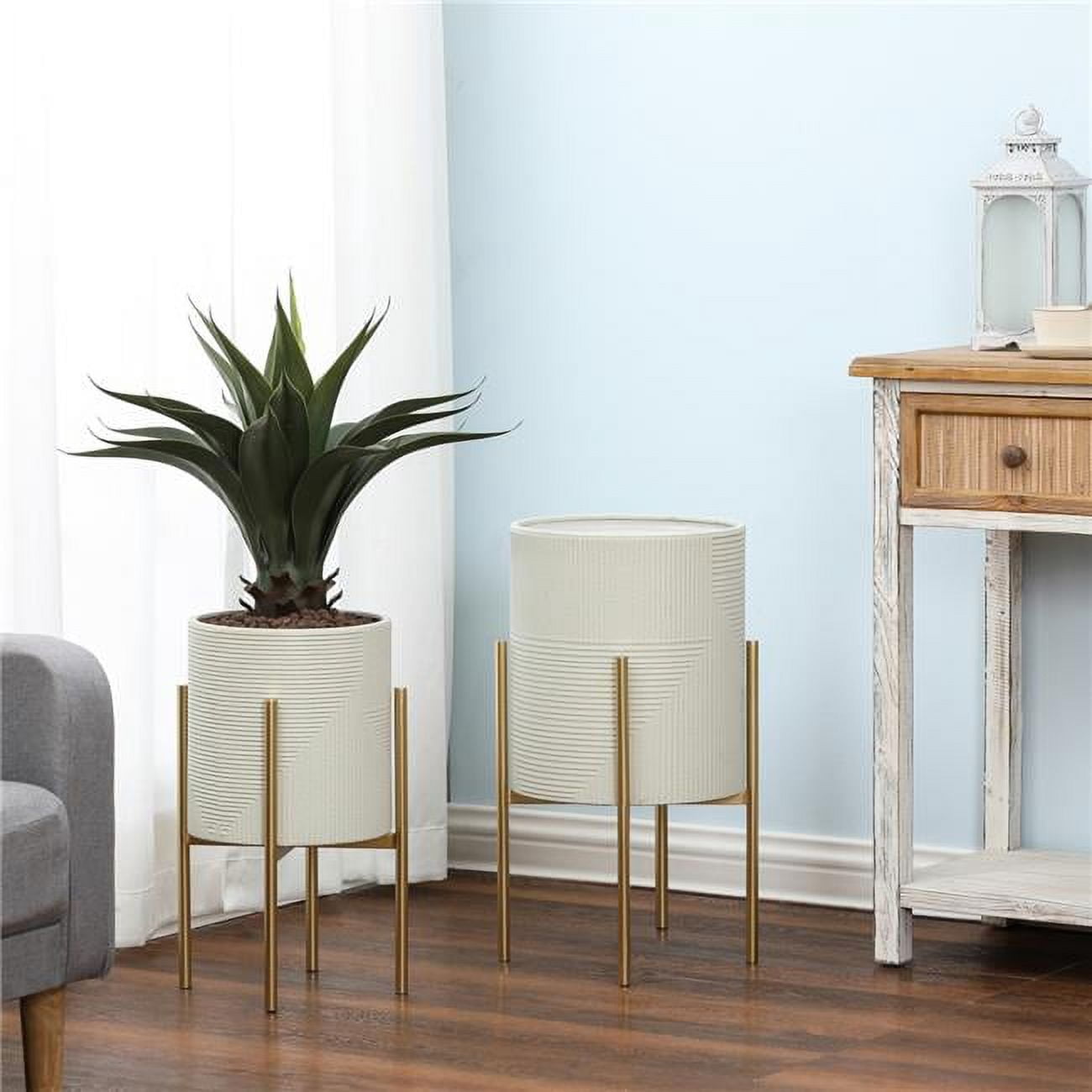 Luxenhome WHPL1451 Off-White Metal Cachepot Planter with Gold Metal ...