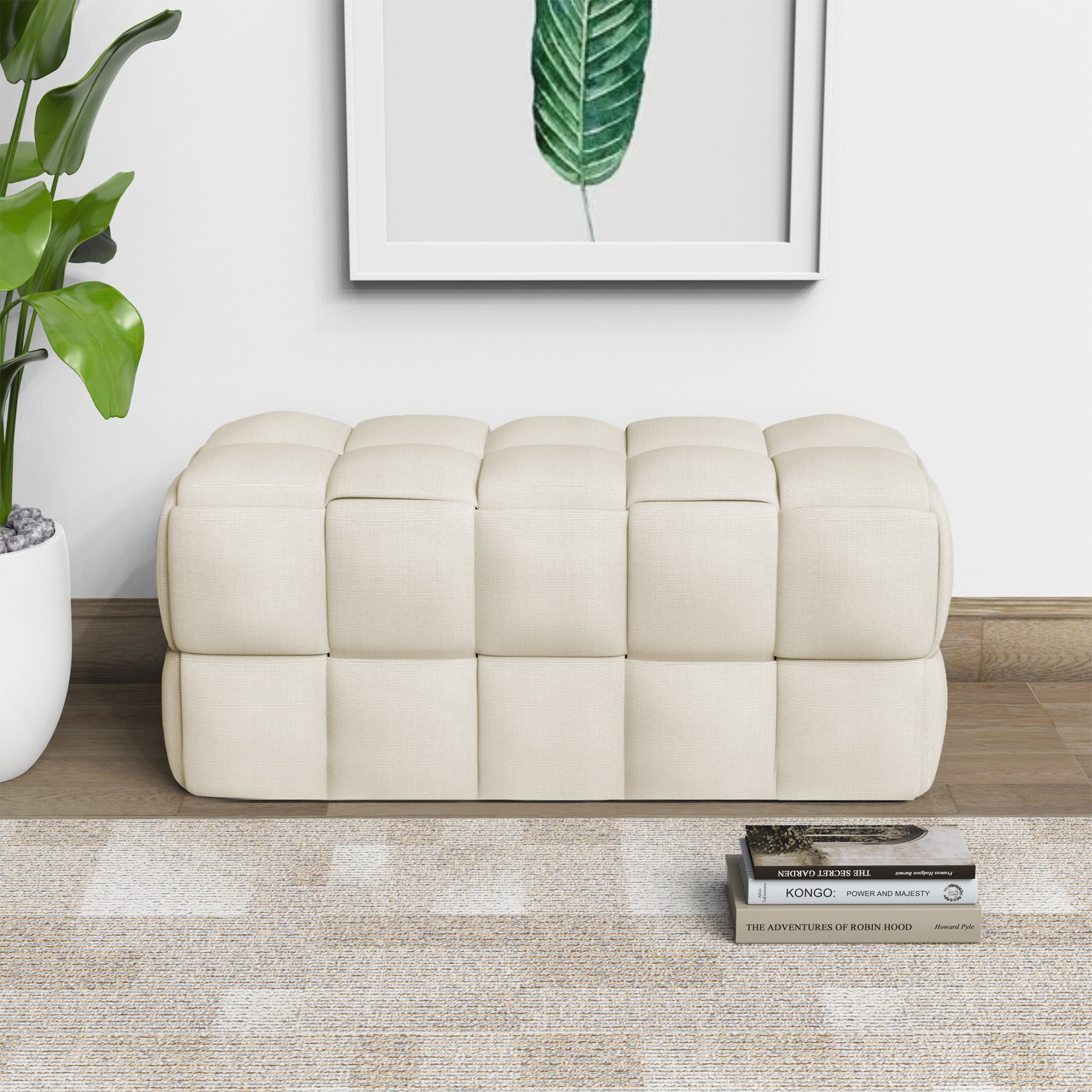 Luxerna Natural 36-inch Padded Natural Linen Box Weave Comfort Bench ...