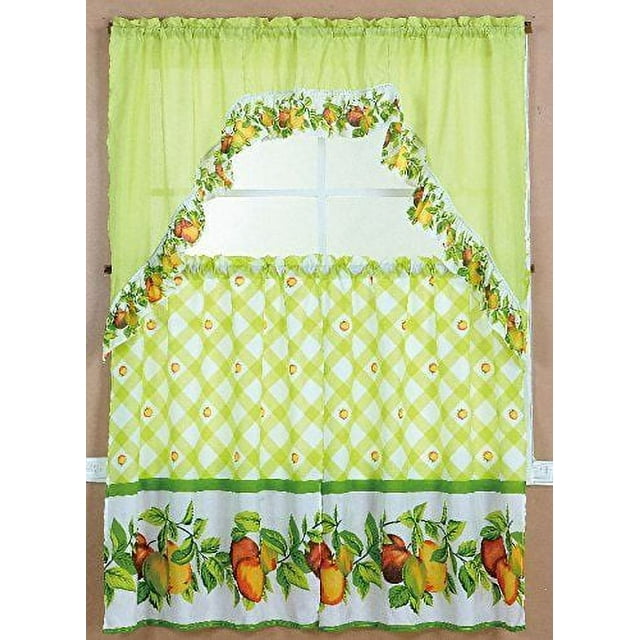 Luxes 3 Piece Peach Kitchen Window Curtain Set with Swag Valance & 2 ...