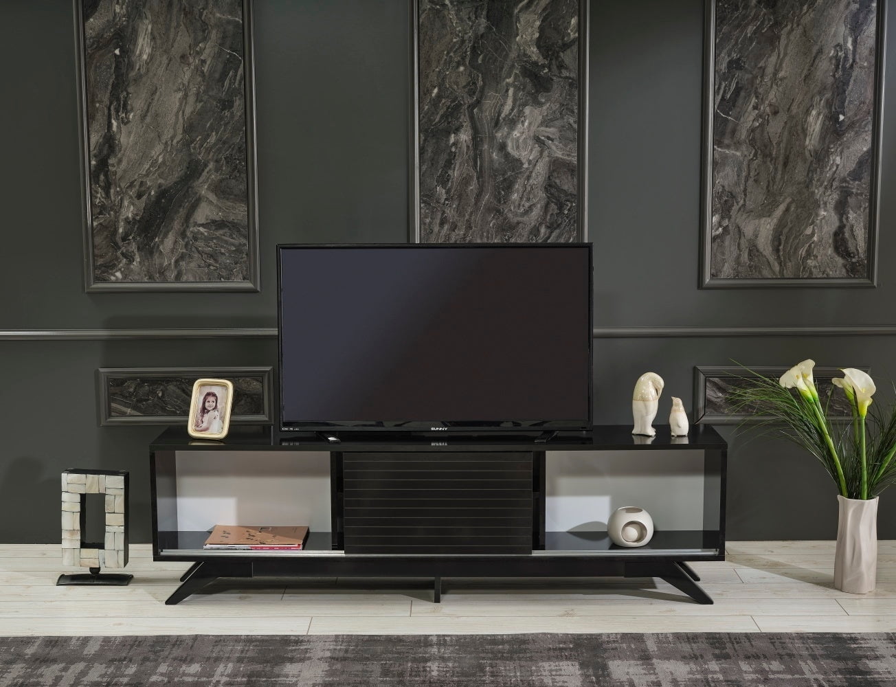 Luxia Mid Century Modern TV Stand 2 Sliding Door- Black - Walmart.com