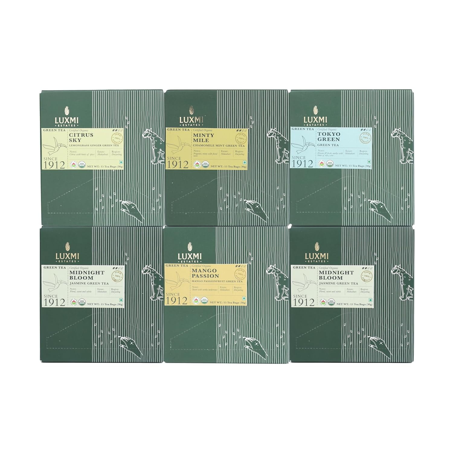 Luxmi Estates Green Tea Assortment Gift Pack - Pack Of 6, 15 Tea Bags ...
