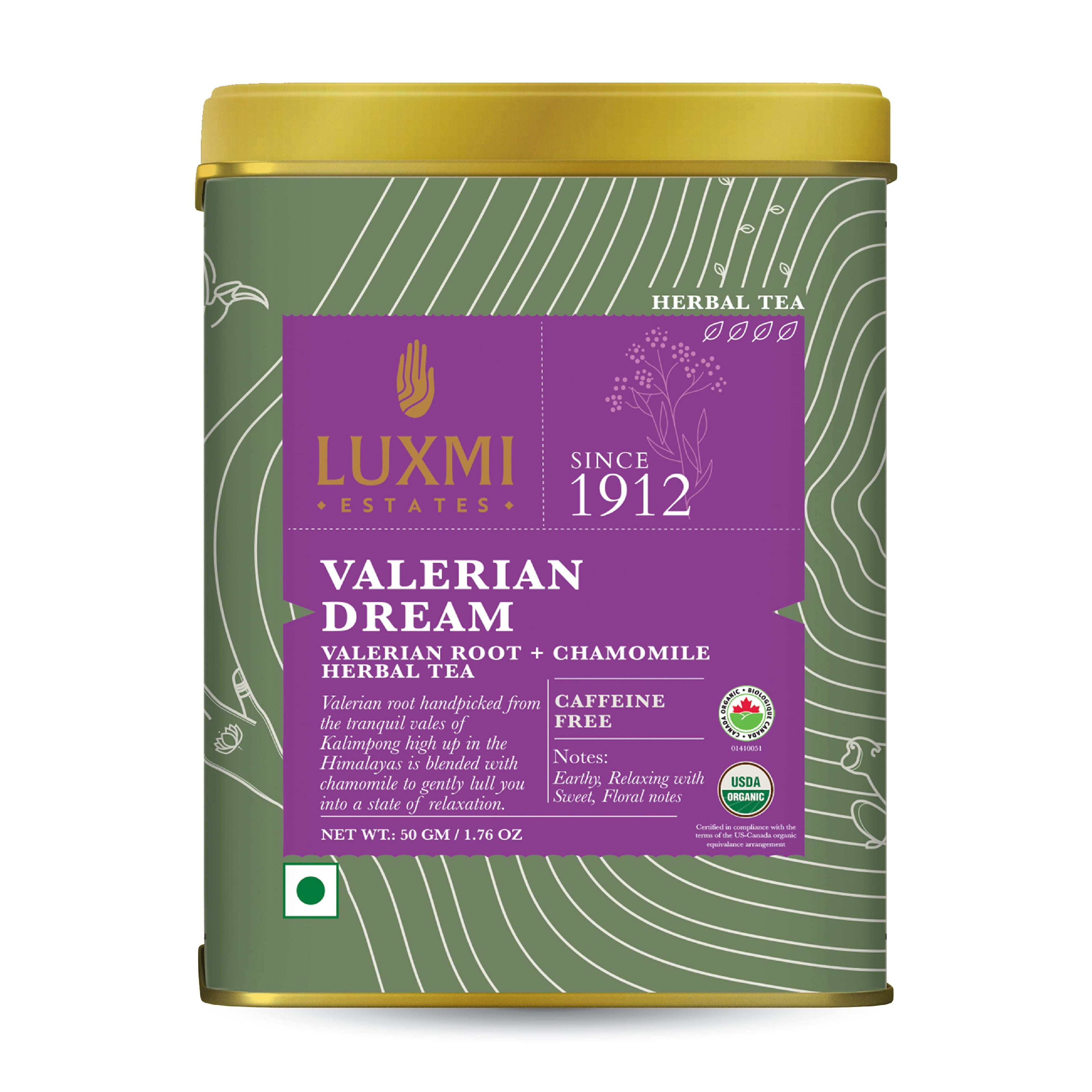 Luxmi Estates Valerian Dream Tea 50gm Tin | Certified Organic Herbal ...