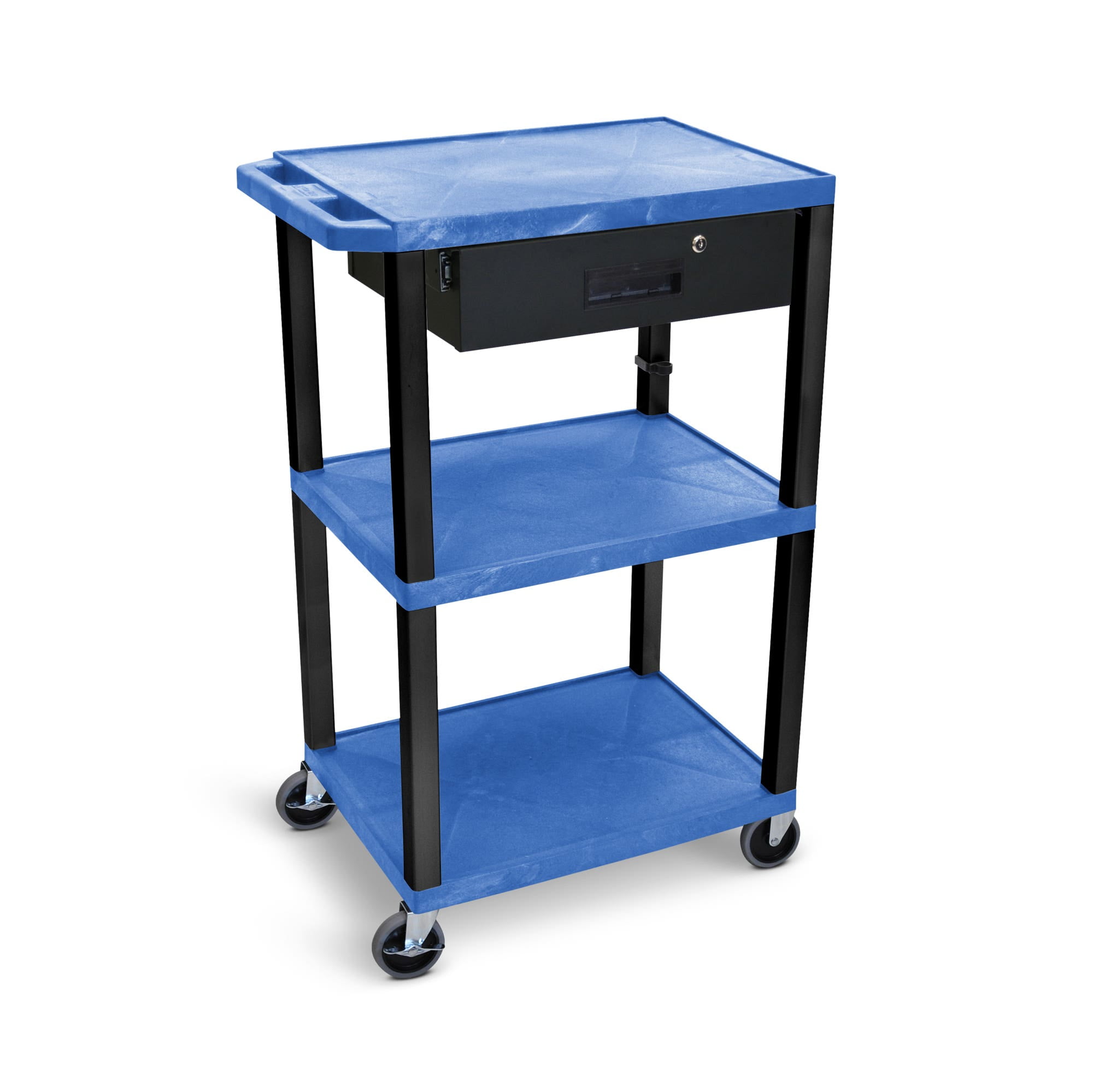 Luxor Tuffy 42"H 3-Shelf Utility Cart with Drawer, Blue Shelves, Black ...