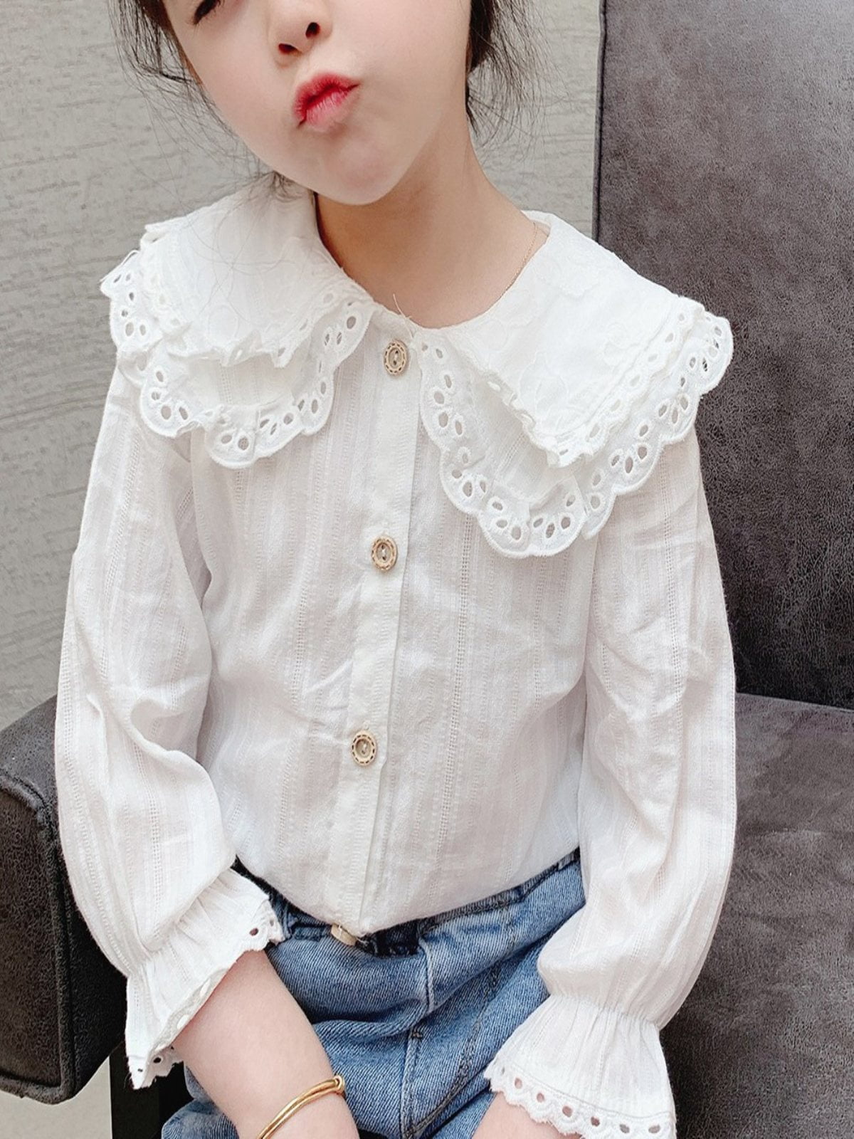 Luxsea Toddler Girl Button Down Lapel Blouse With Flared Sleeves Spring ...