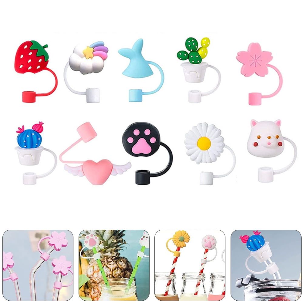 Luxshiny 10pcs Fun Cartoon Straw Caps for Drinking Leak Proof Toppers ...