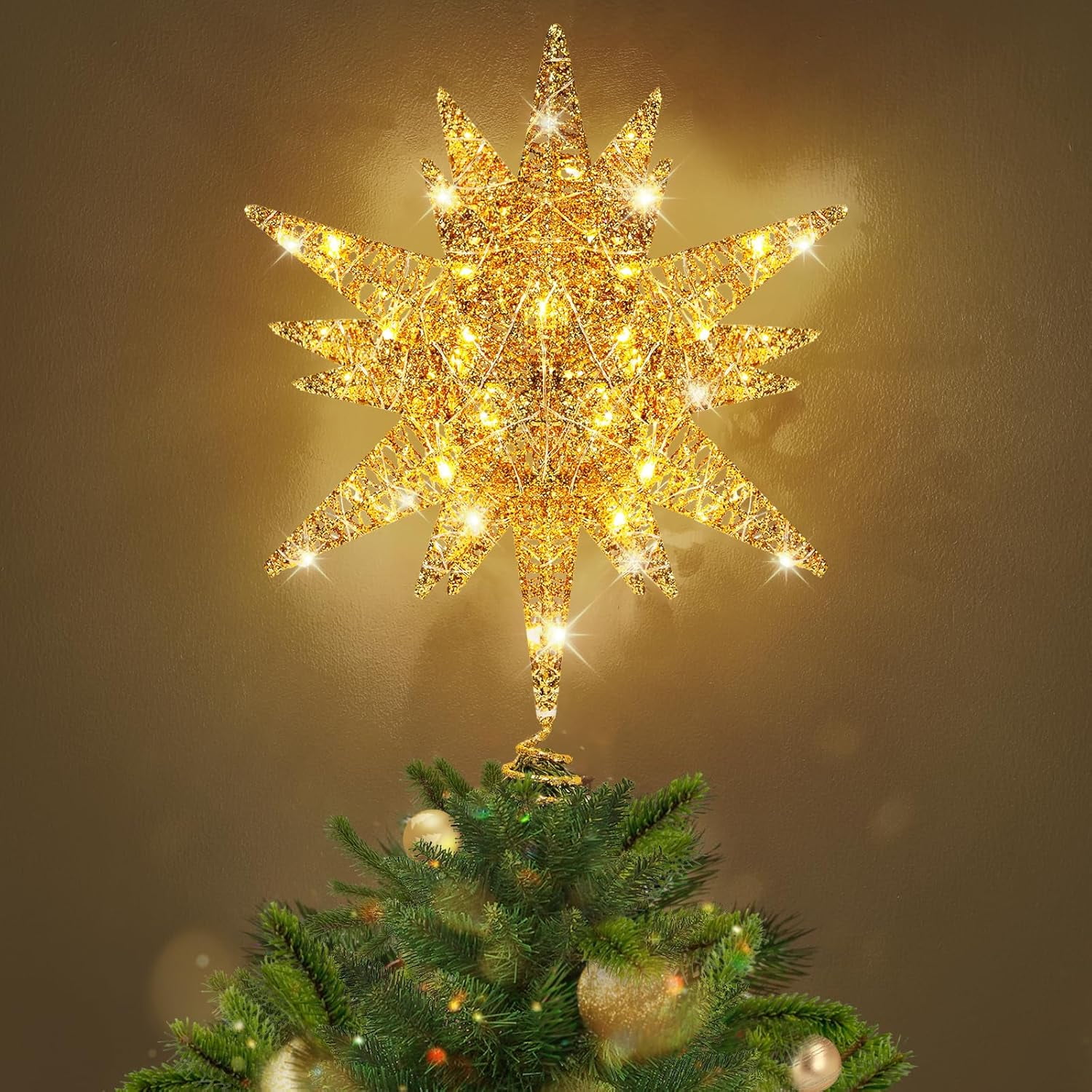 Luxspire LED Christmas Star Tree Topper, Battery Powered 3D Copper ...